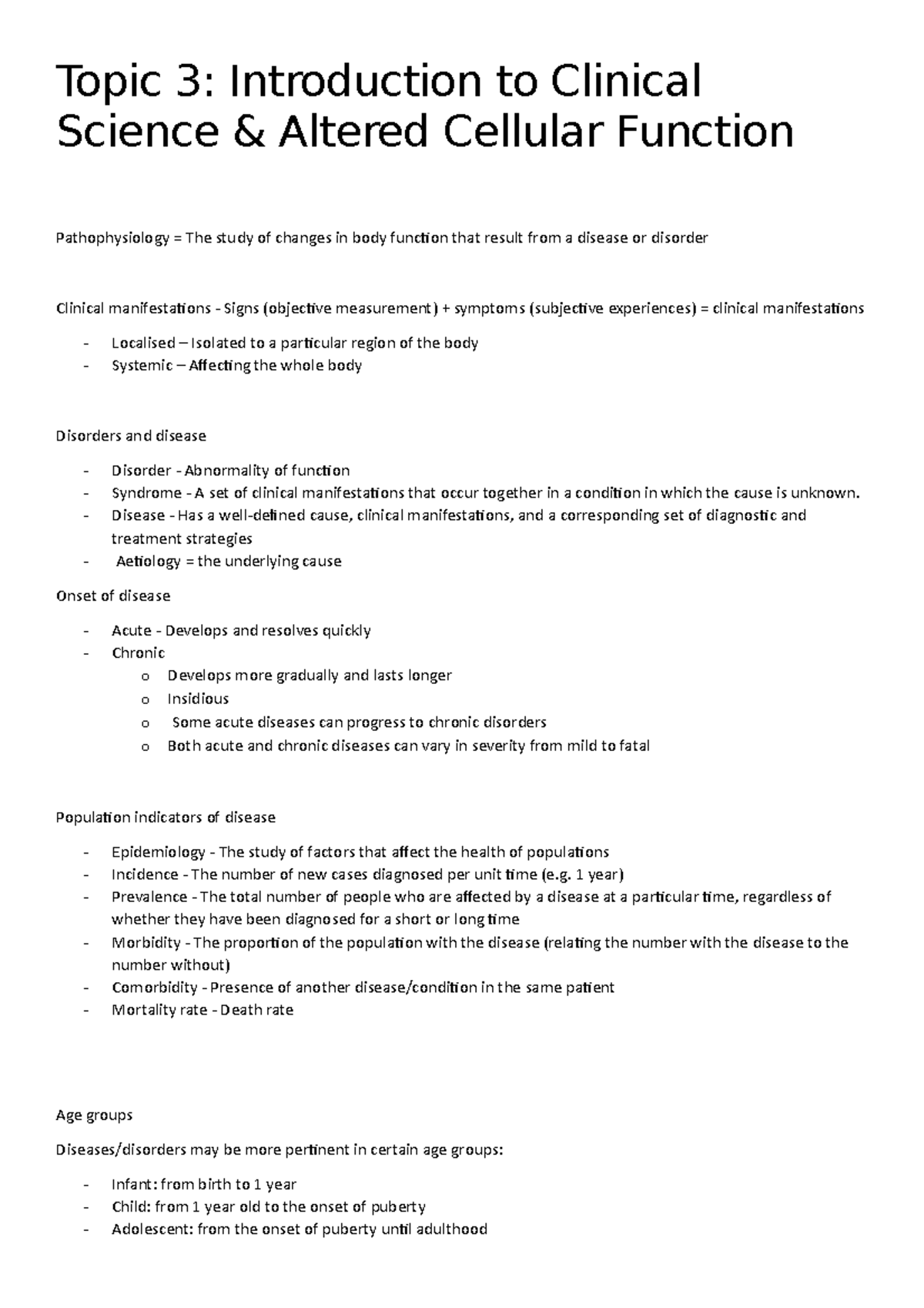 Topic 3 - Introduction to clinical science and altered cellular ...