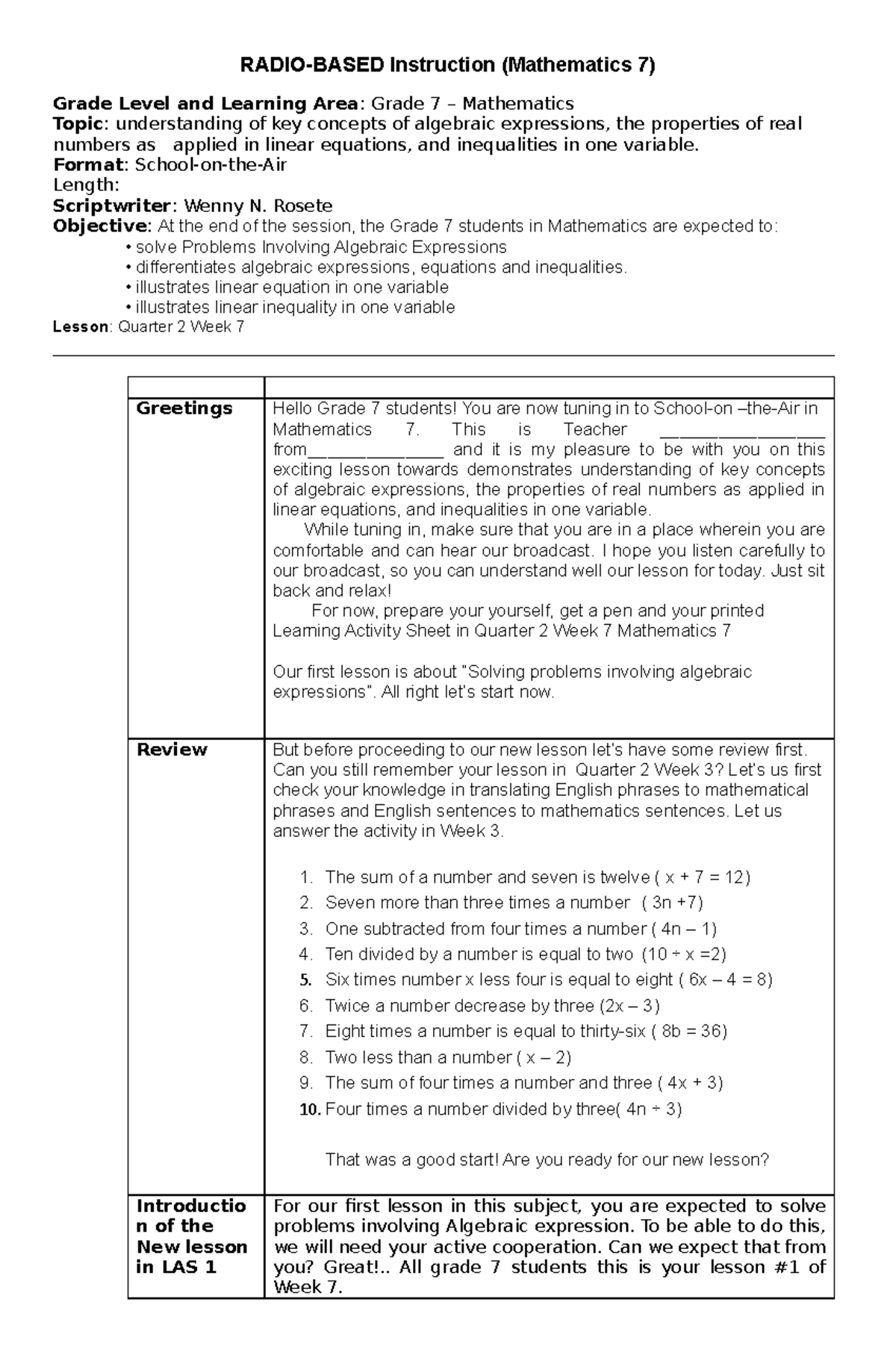 RBI script Q2 Week 7 - Learning Activities Sheet in Mathematics 7 - RADIO-BASED Instruction ...