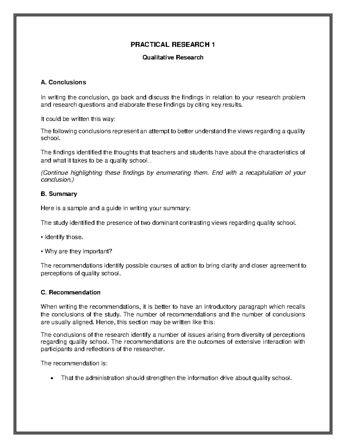 Practical Research 1 Conclusion Summary Recommendation PRACTICAL