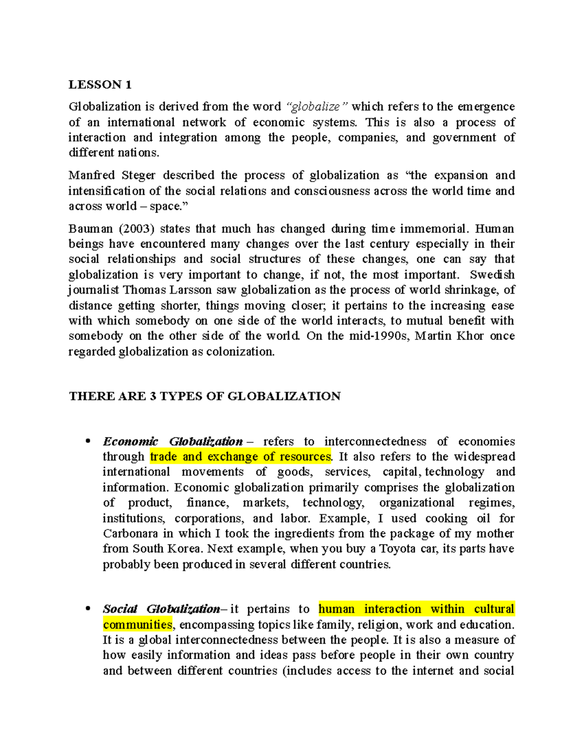 TCW pmf - lecture notes - LESSON 1 Globalization is derived from the ...