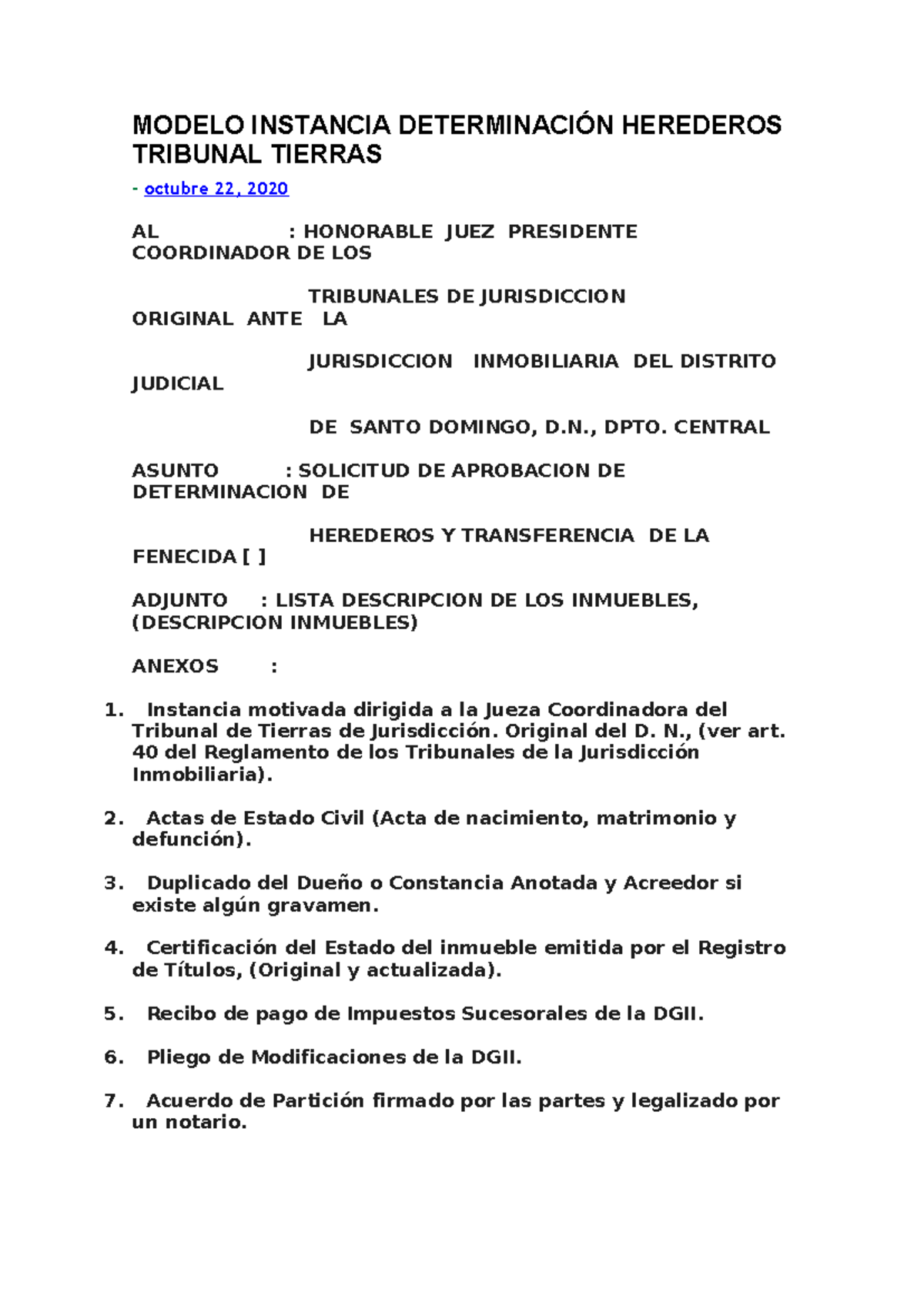 Modelo Instancia Determinación Herederos Tribunal Tierras - MODELO ...
