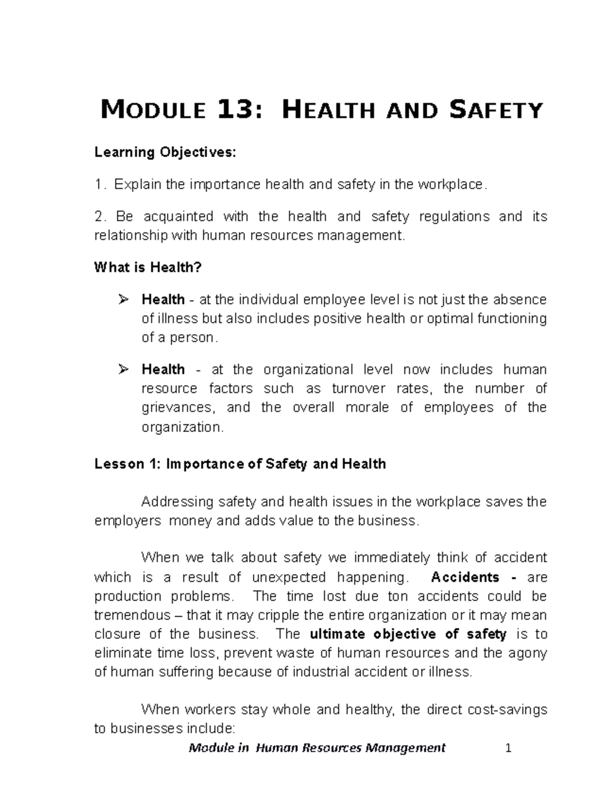Hrmlecturenote - Module 13: HEALTH AND SAFETY - MODULE 13 : HEALTH AND ...