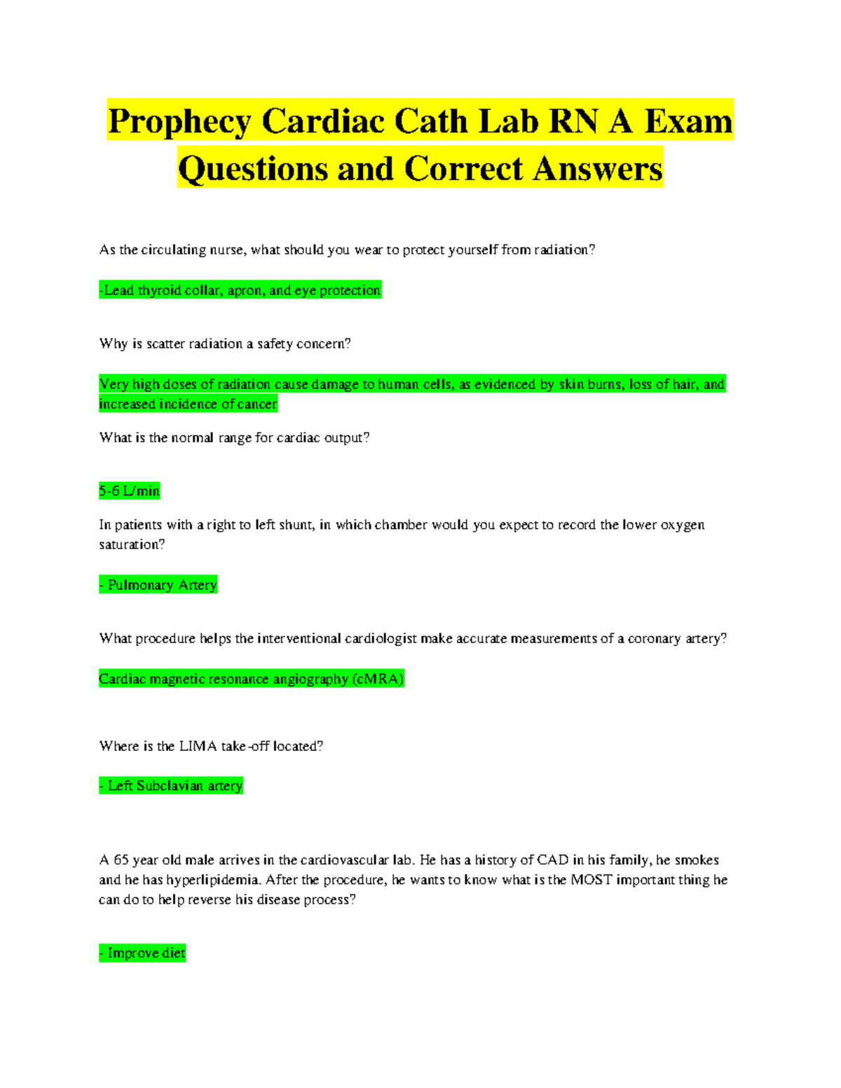 Prophecy Cardiac Cath Lab RN A Exam Questions and Correct Answers - He ...