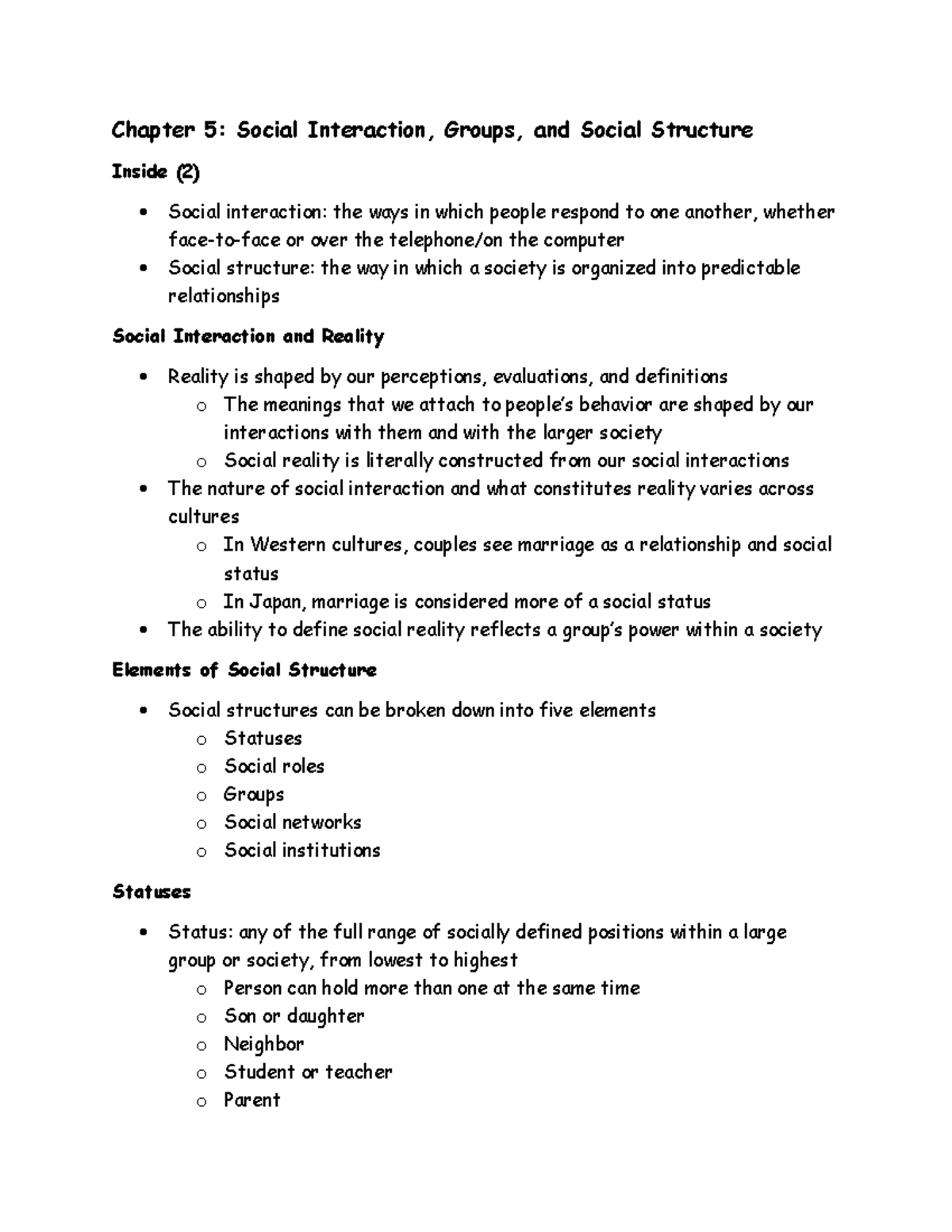 Chapter 5 Lecture Notes - Chapter 5: Social Interaction, Groups, and ...