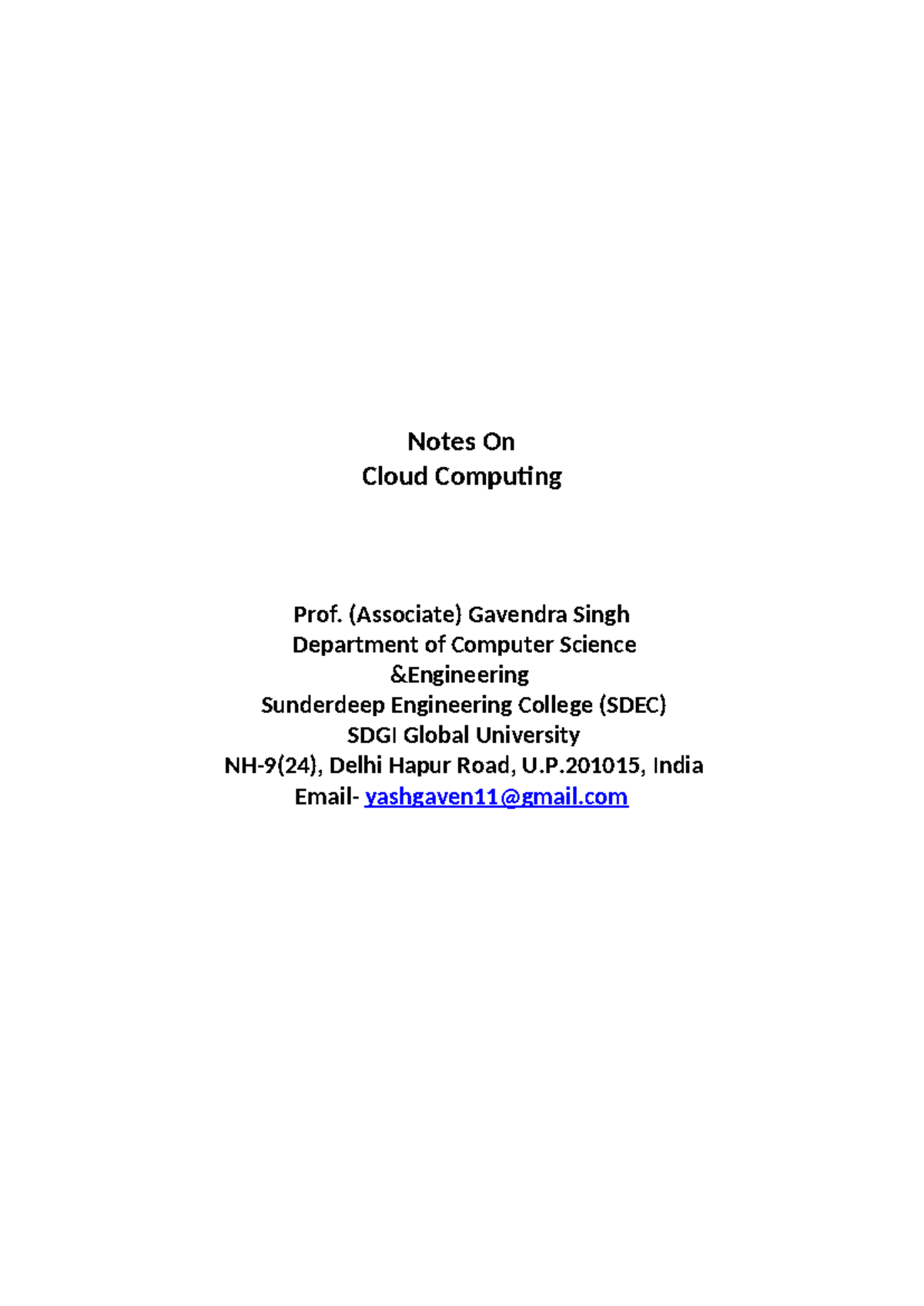 Cloud Computing Notes Cloud Computing Notes On Cloud Computing Prof Associate Gavendra