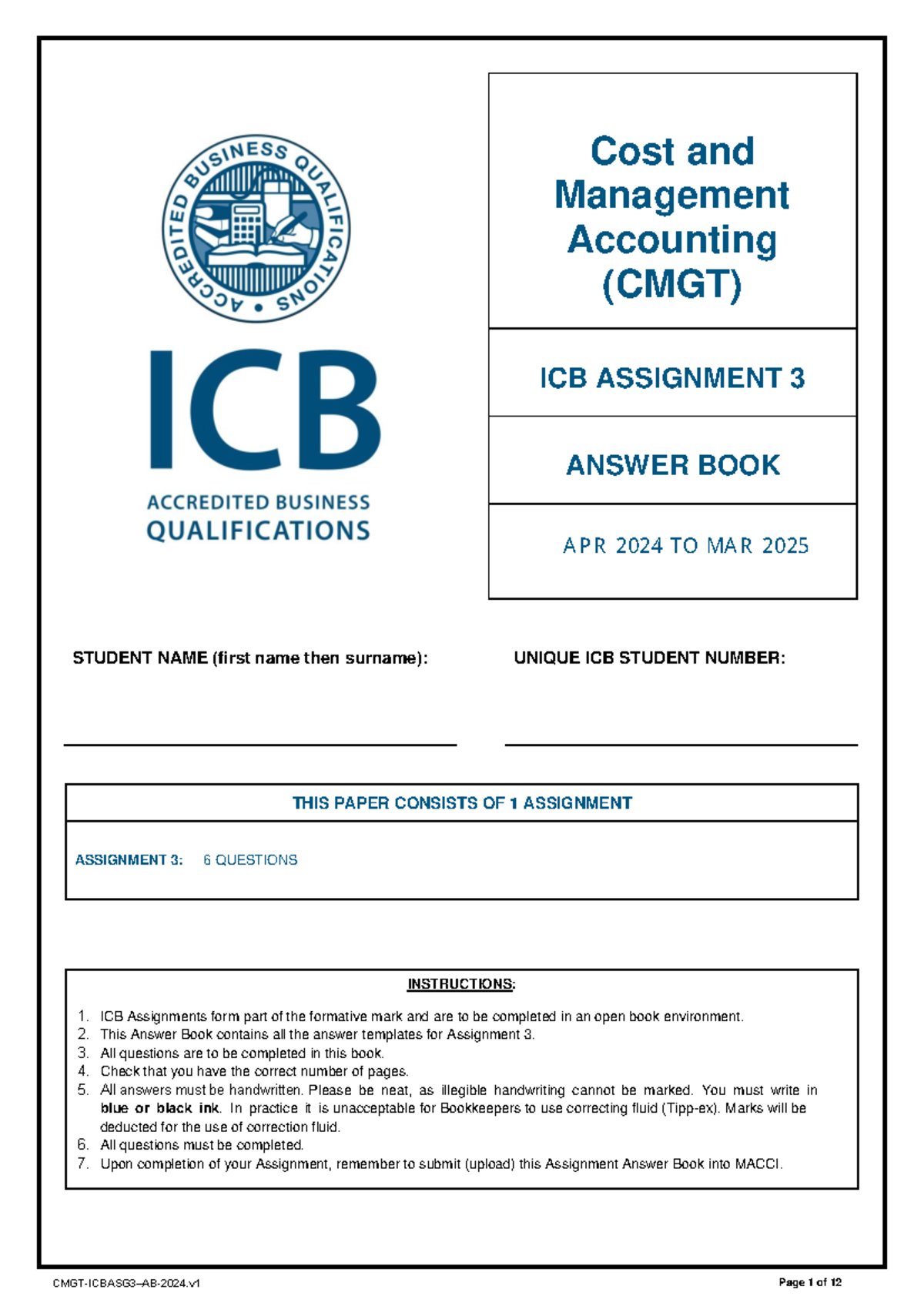 CMGT-ICB Assignment 3-AB-2024 - Page 1 of 12 Cost and Management ...