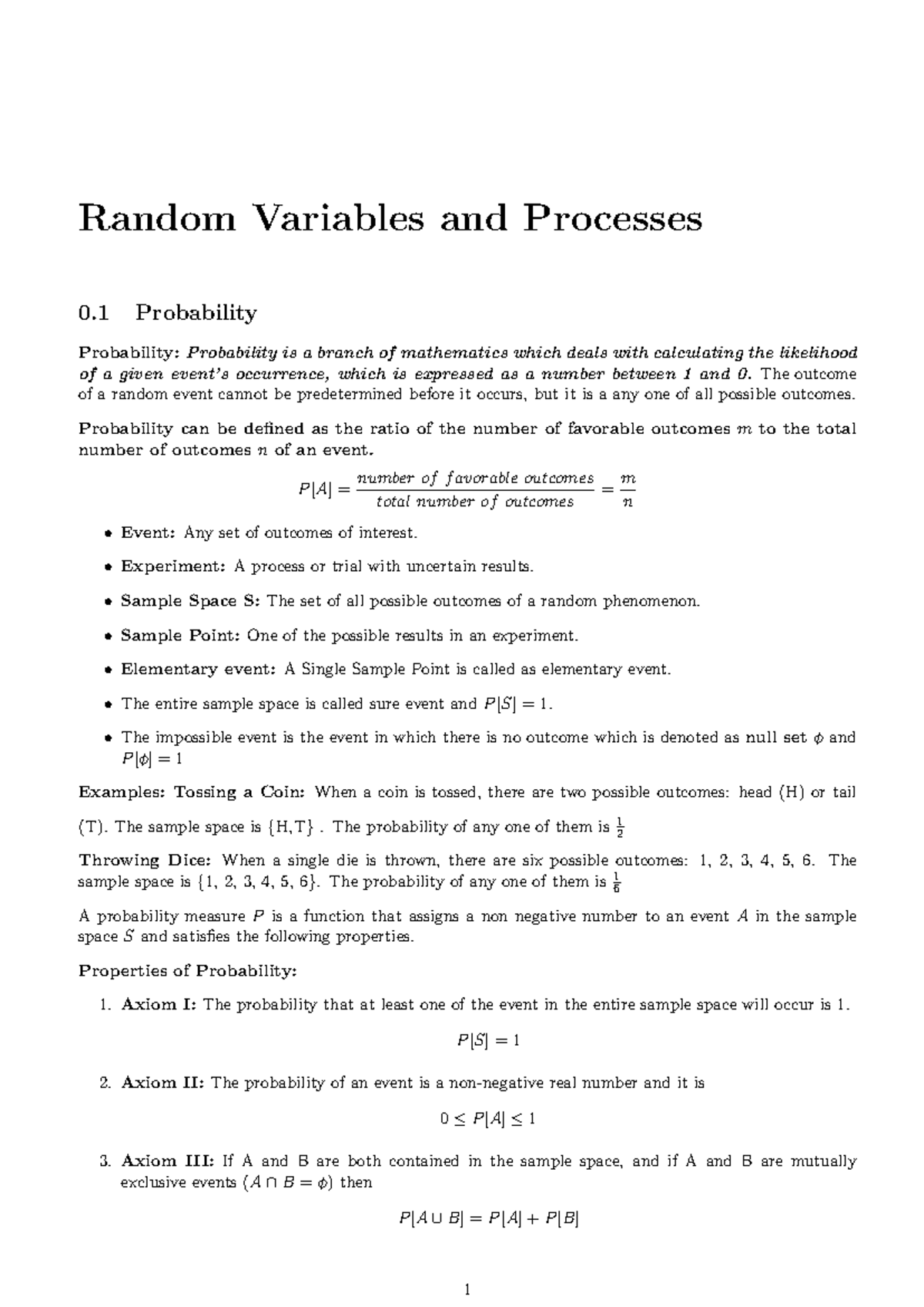 Random Variables and Processes - The outcome of a random event cannot be predetermined before it ...