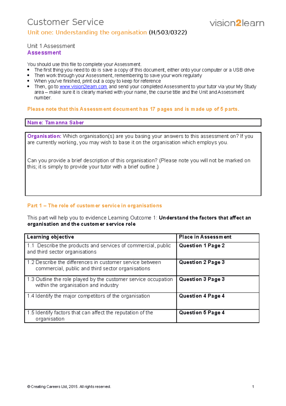 Lao-u1-assessment - customer service assignment level 1 - Unit one ...