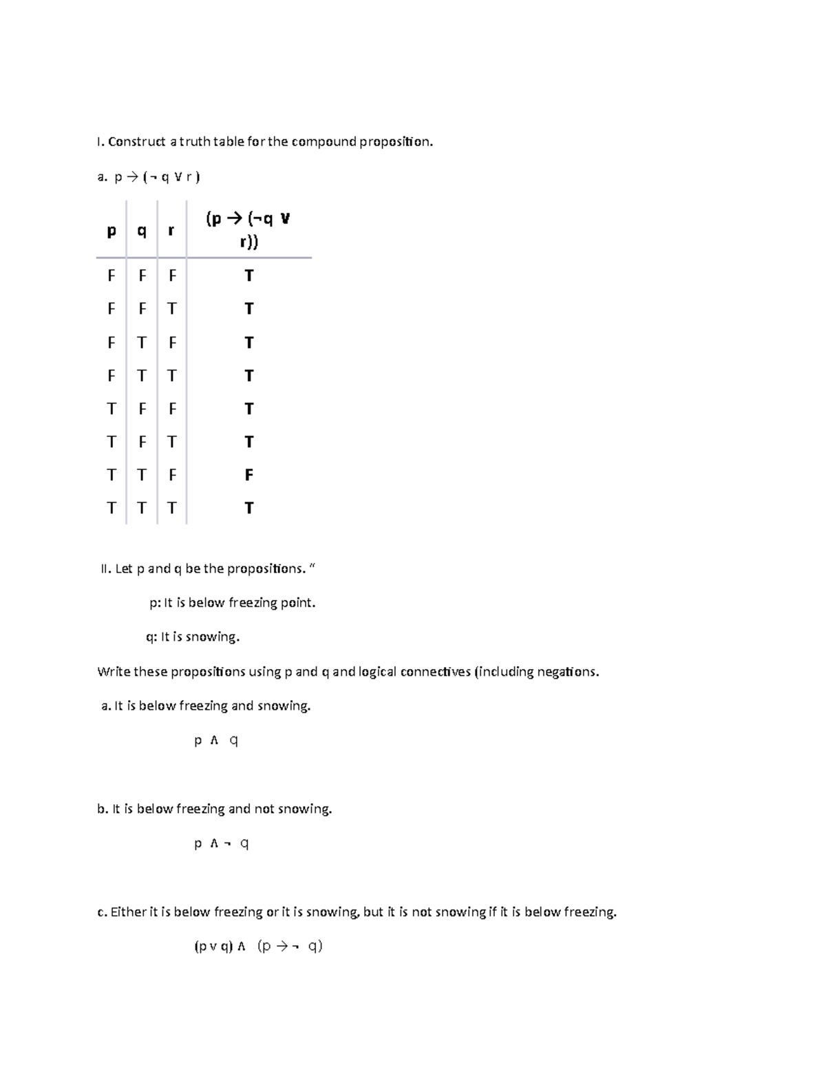 Discreteweek 1 – Assignment Propositional Logic - I. Construct a truth table for the compound ...