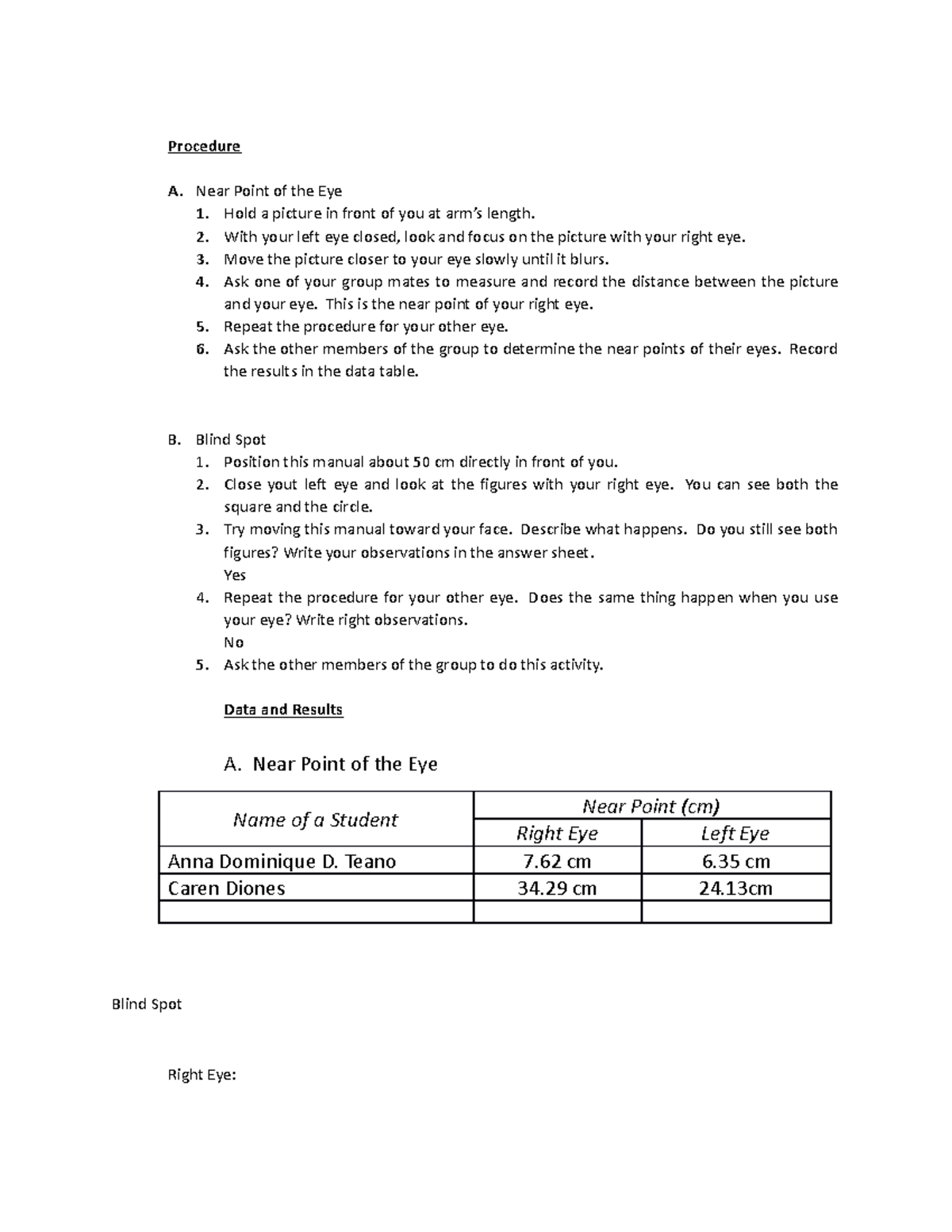Science experiment 2 look into my eyes - Procedure A. Near Point of the ...