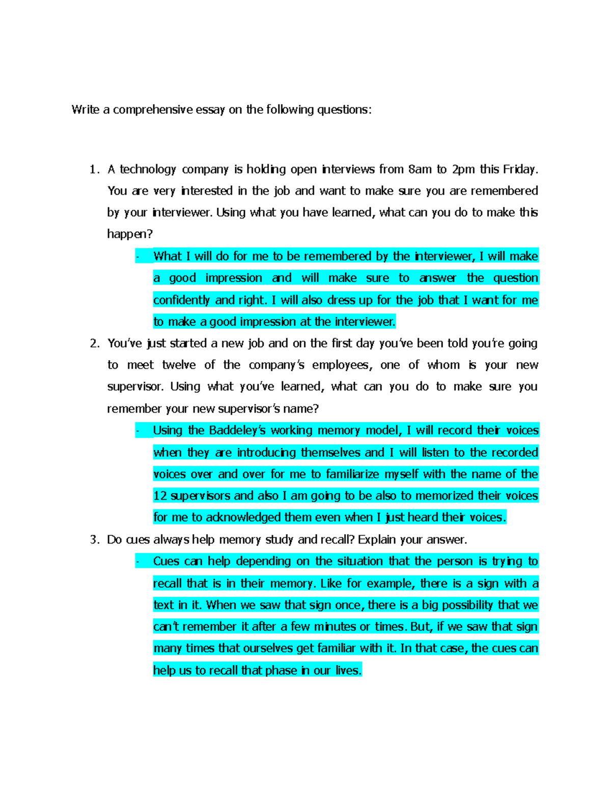 Memory Processes - Cognitive Psychology - Write a comprehensive essay ...