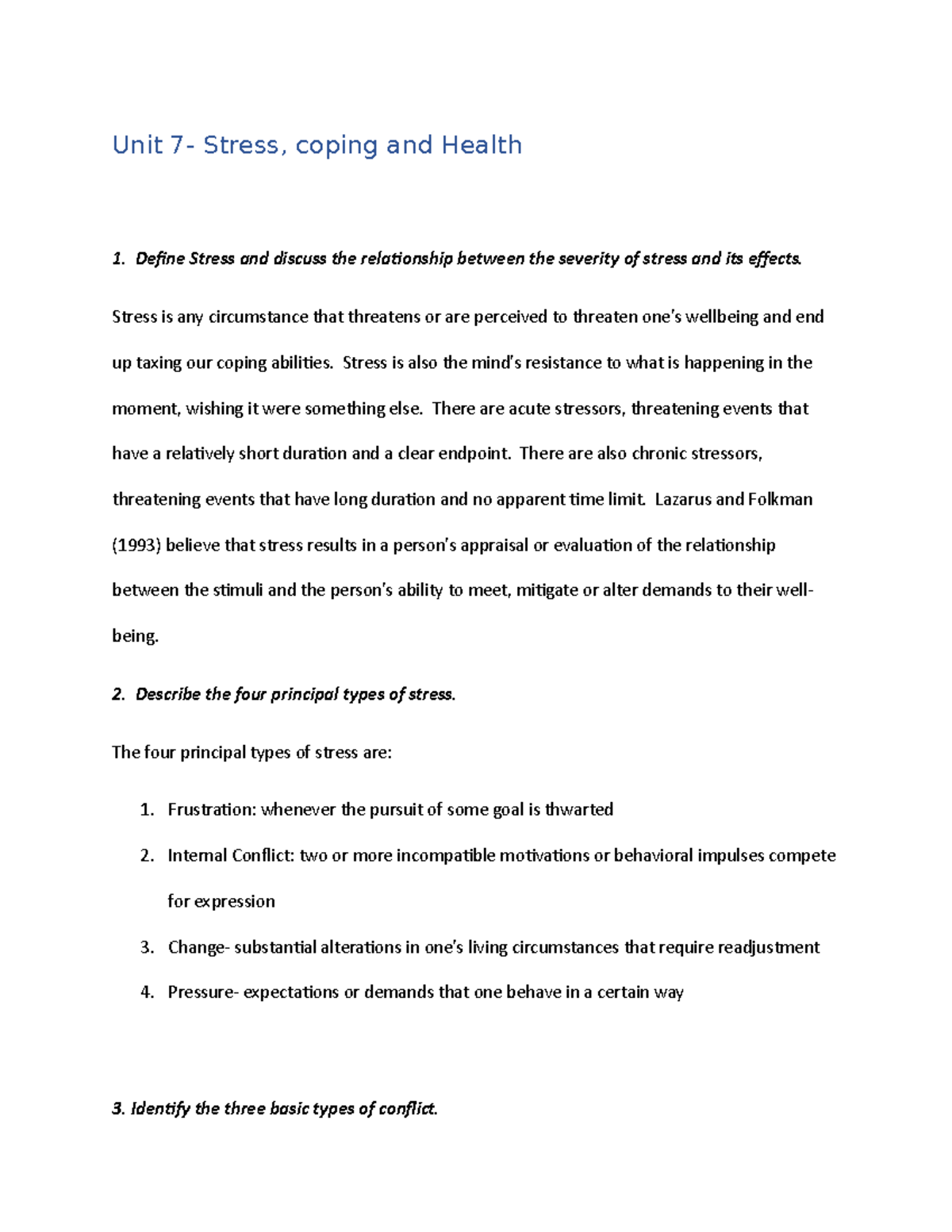 Unit 7 Stress, Coping, and Health Study Questions - Unit 7- Stress ...