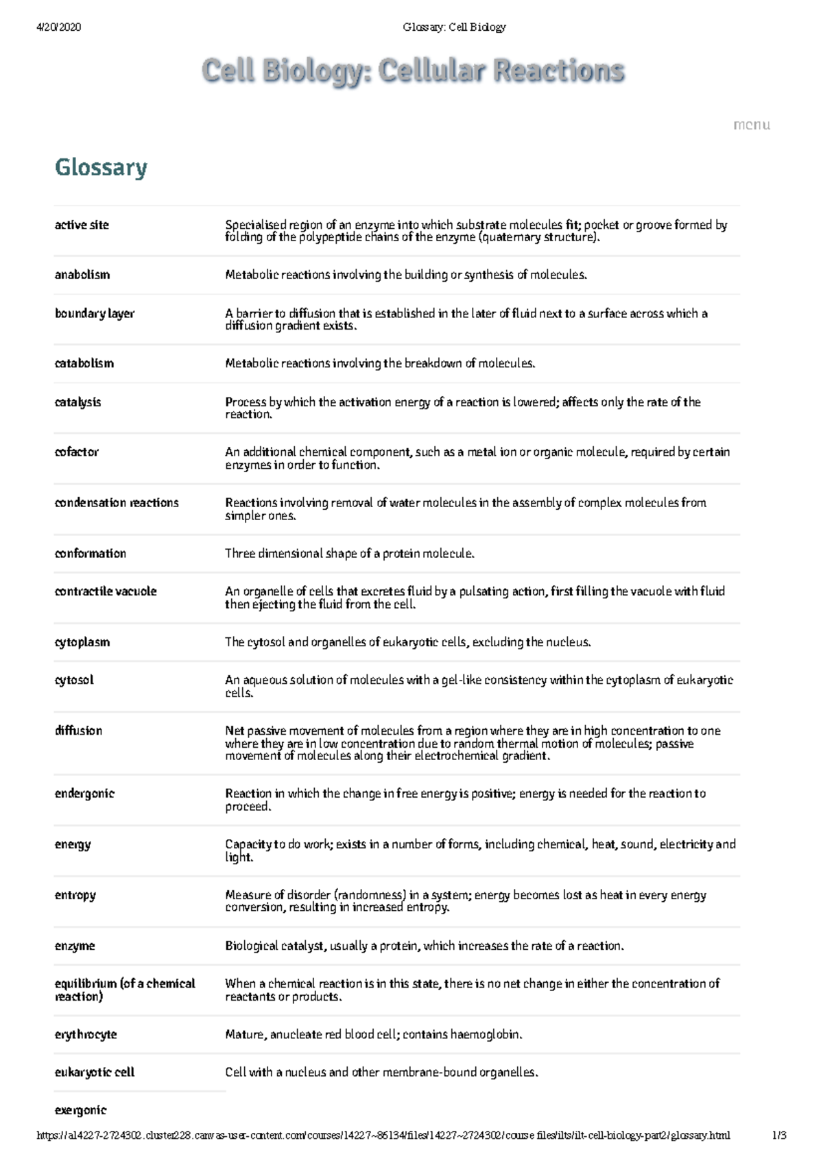 Glossary Cell Biology (important definitions) - 4/20/2020 Glossary ...