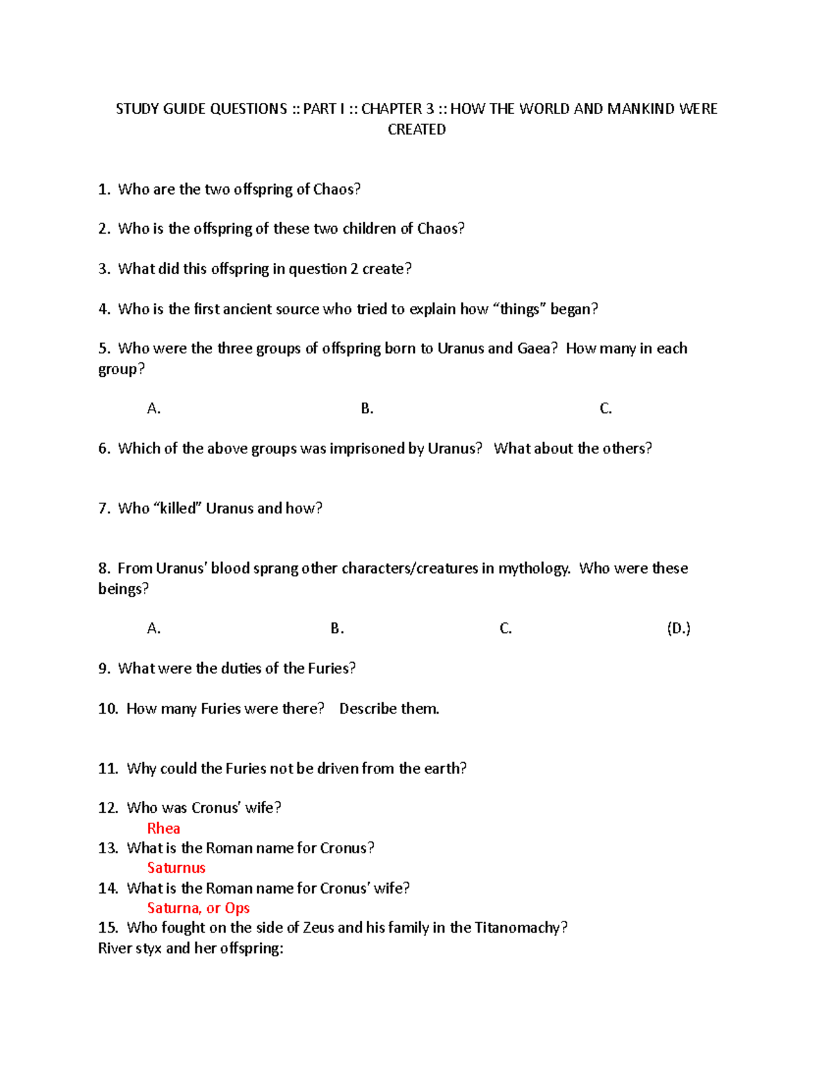 Mythology Study Guide Ch 3 - STUDY GUIDE QUESTIONS :: PART I :: CHAPTER 3 :: HOW THE WORLD AND ...