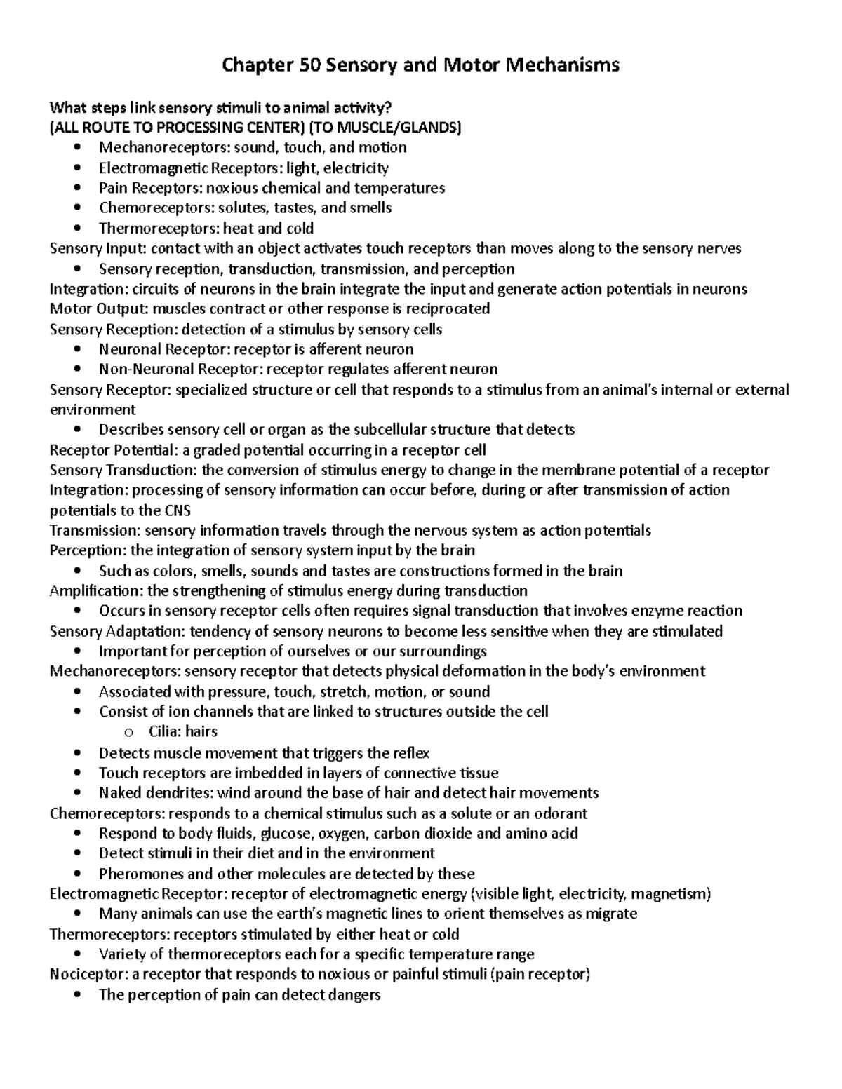 Chapter 50 Sensory Mechanisms - What steps link sensory stimuli to ...