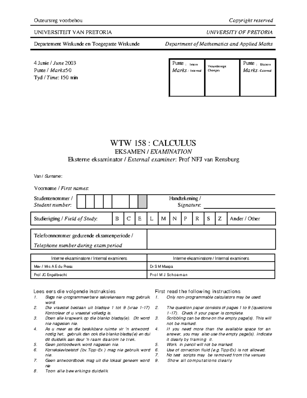 WTW158 2003 Exam QP - Outeursreg voorbehou Copyright reserved ...