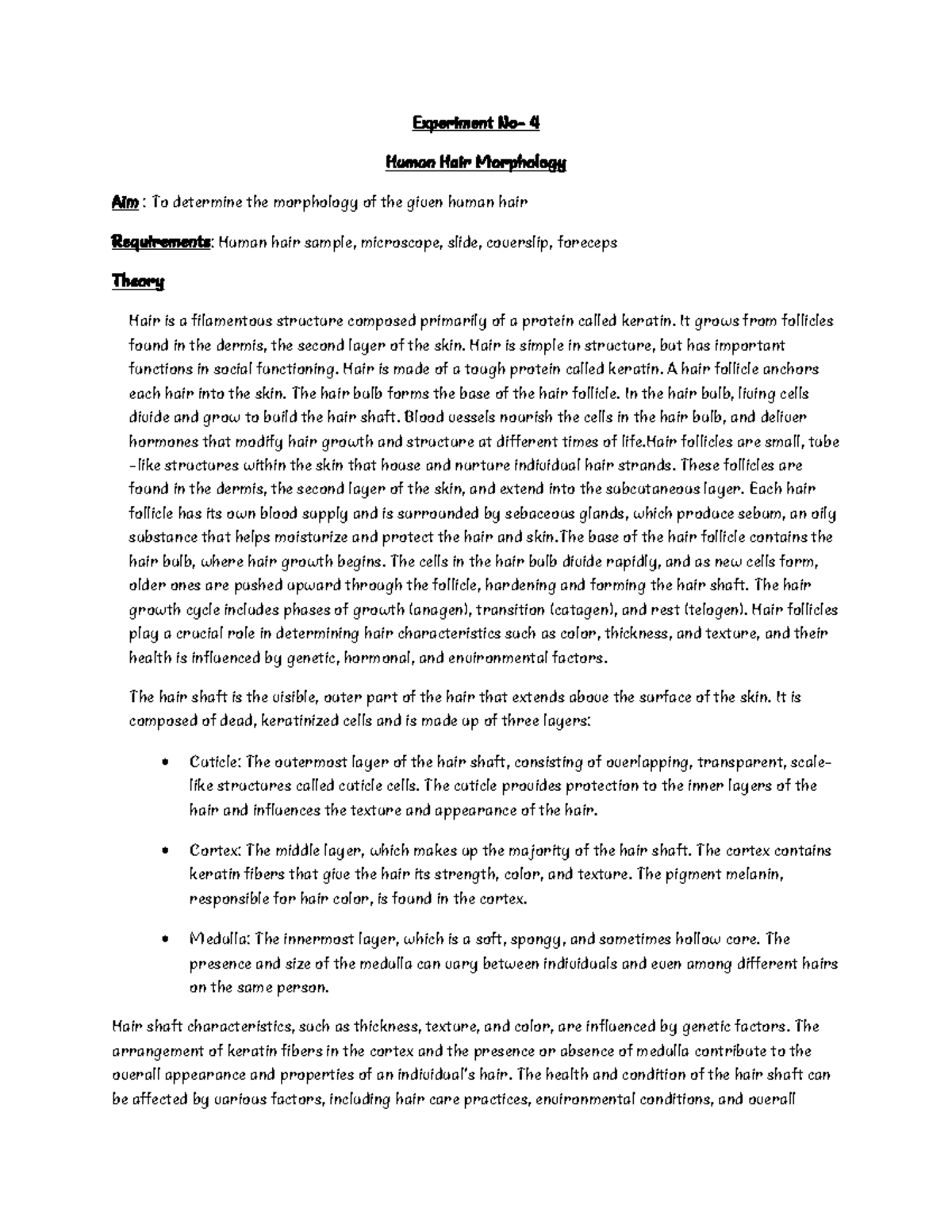 Experiment No-4 - Practical paper - Experiment No- 4 Human Hair ...