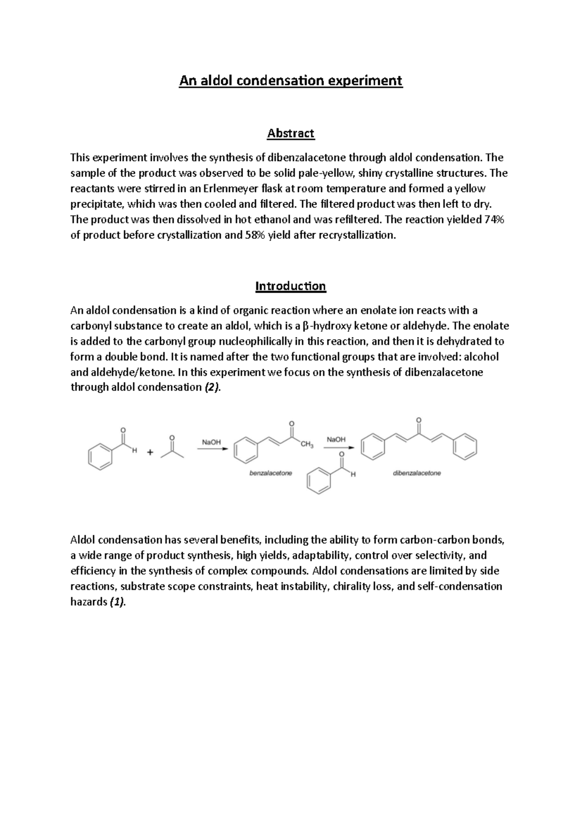 Chem 220 exp 4 - An aldol condensation experiment Abstract This ...