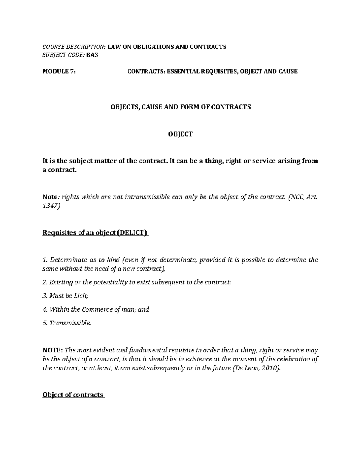 BA3 Module 7 LAW ON Contracts - COURSE DESCRIPTION: LAW ON OBLIGATIONS ...