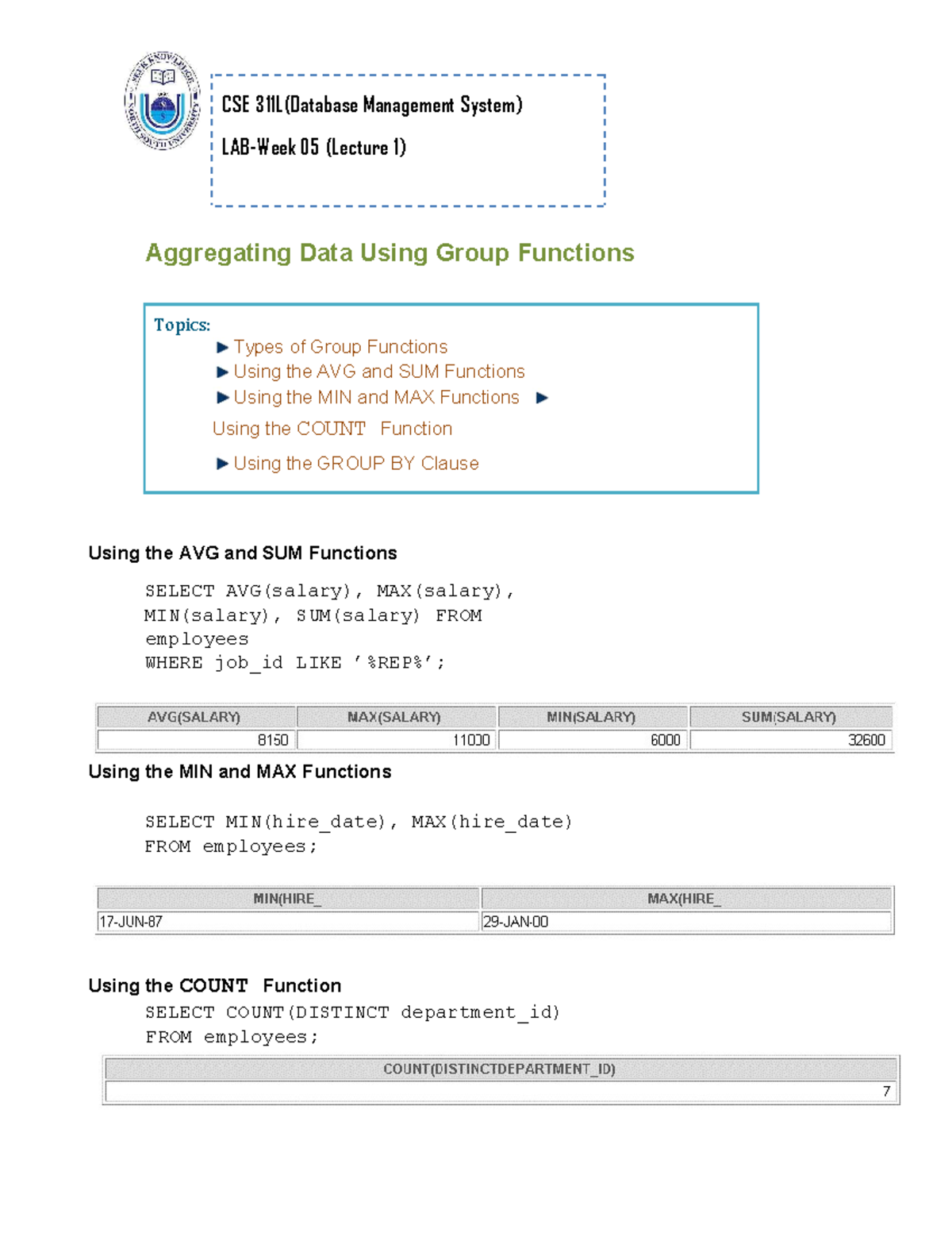 311L W5 - lab - CSE 311L(Database Management System) LAB-Week 05 (Lecture 1) Aggregating Data ...