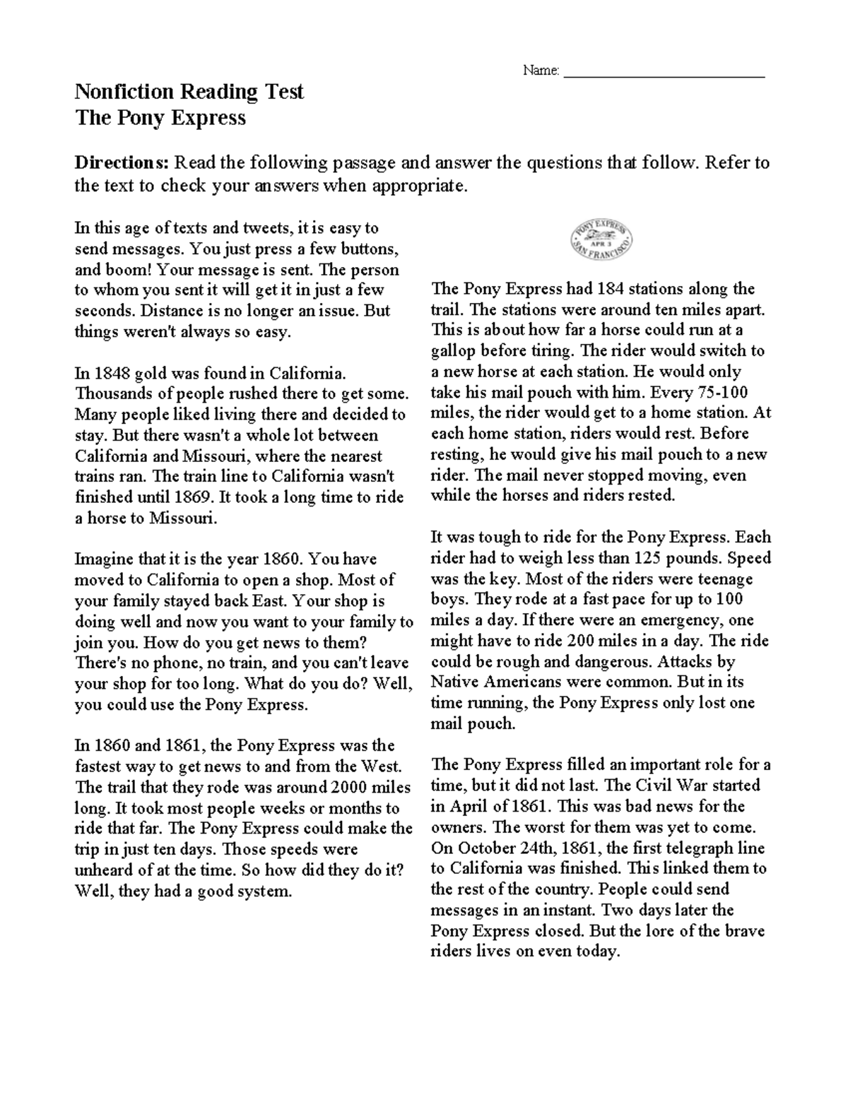 Nonfiction reading test pony express - Name ...