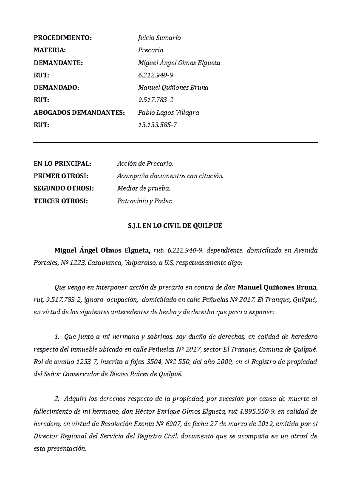 Demanda precario - escrito - PROCEDIMIENTO: Juicio Sumario MATERIA ...