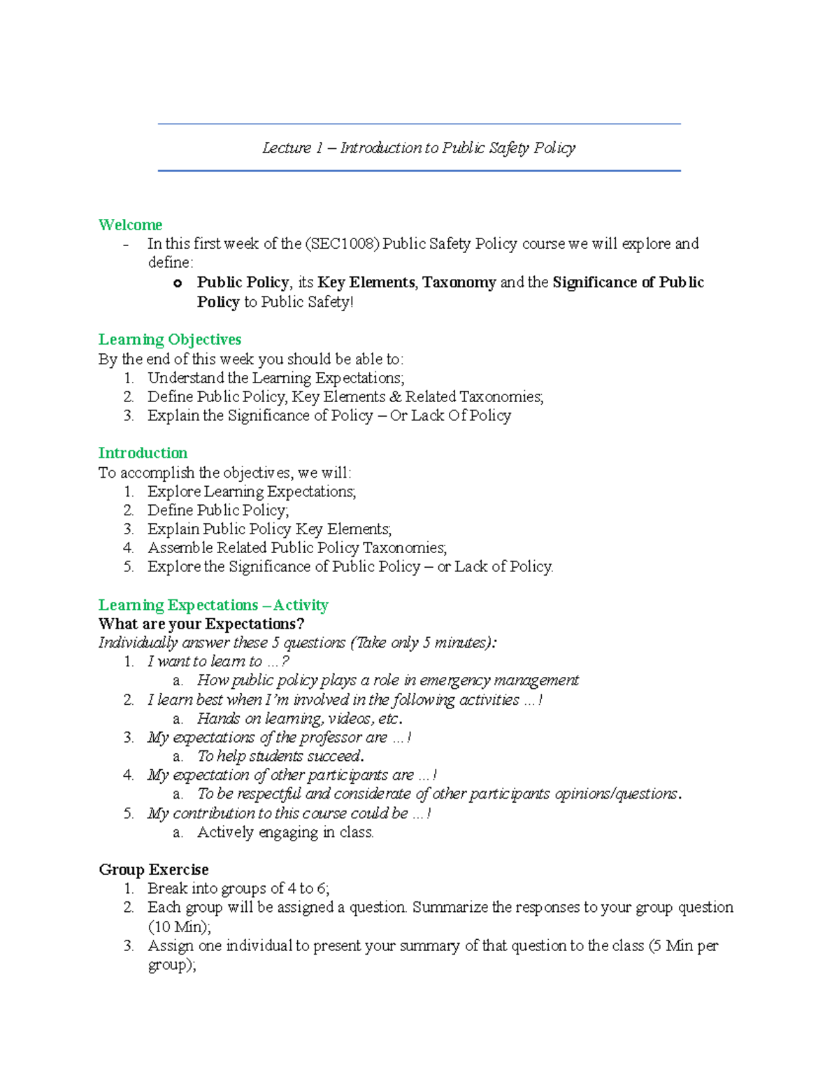 Lecture 1 - Introduction to Public Safety Policy - Lecture 1 ...