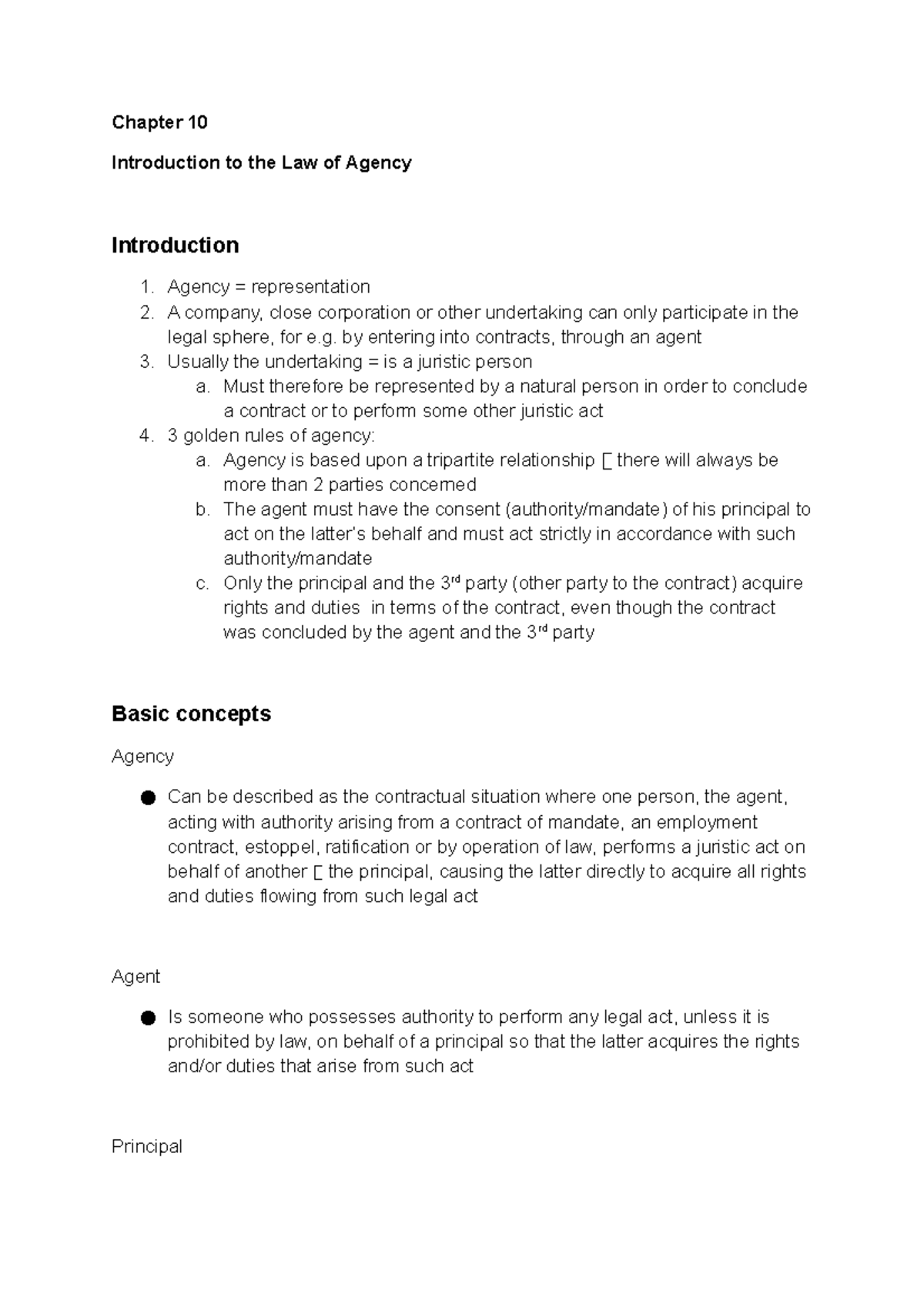 Chapter 10 KTH notes - Chapter 10 Introduction to the Law of Agency ...