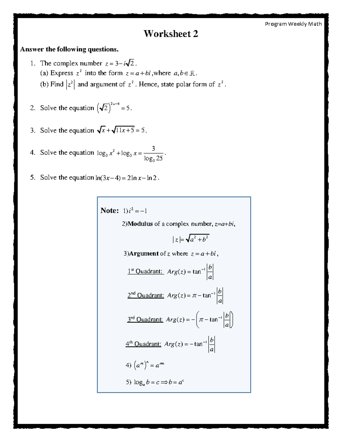 Weekly math Worksheet 2 - Program Weekly Math Worksheet 2 Answer the ...