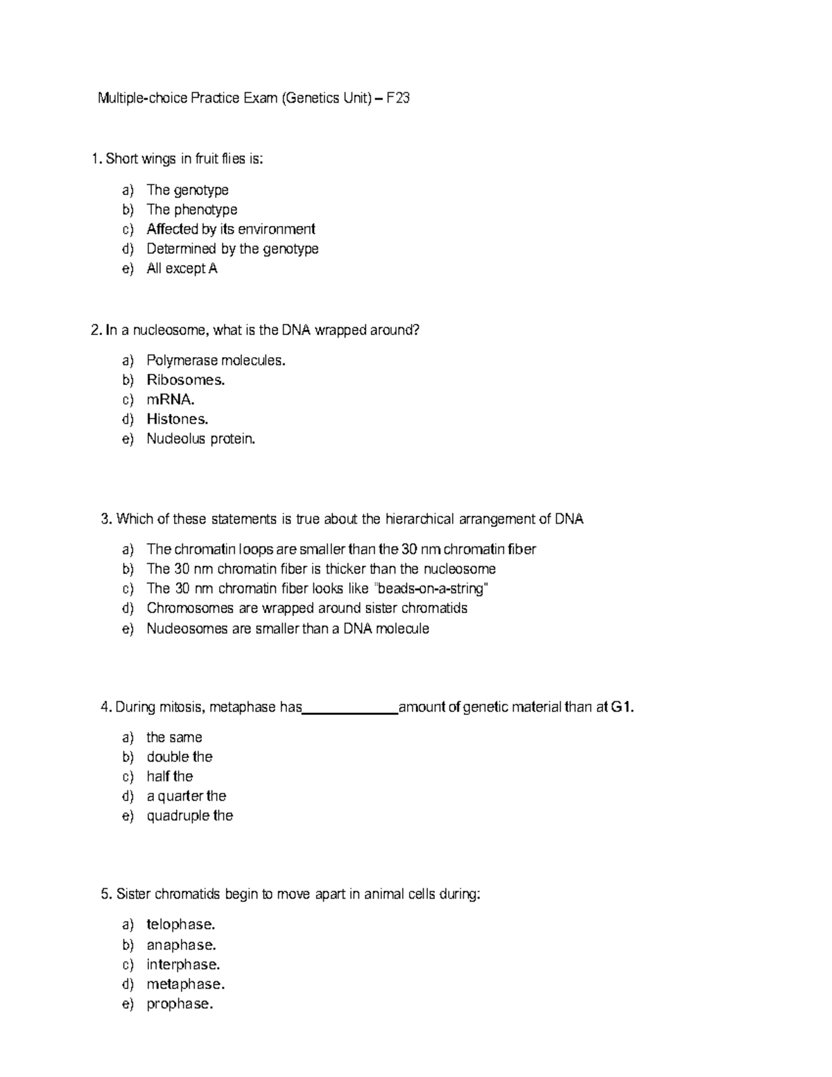Unit II Genetics Practice Exam F23 - Multiple-choice Practice Exam (Genetics Unit) – F Short ...