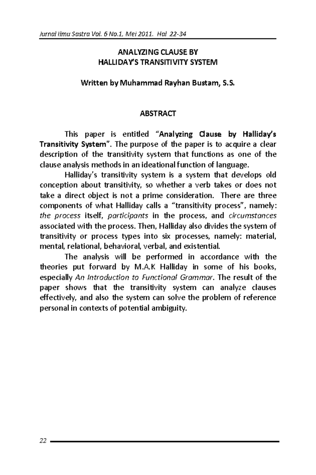 Functional grammar processes - Jurnal Ilmu Sastra Vol. 6 No, Mei 2011 ...