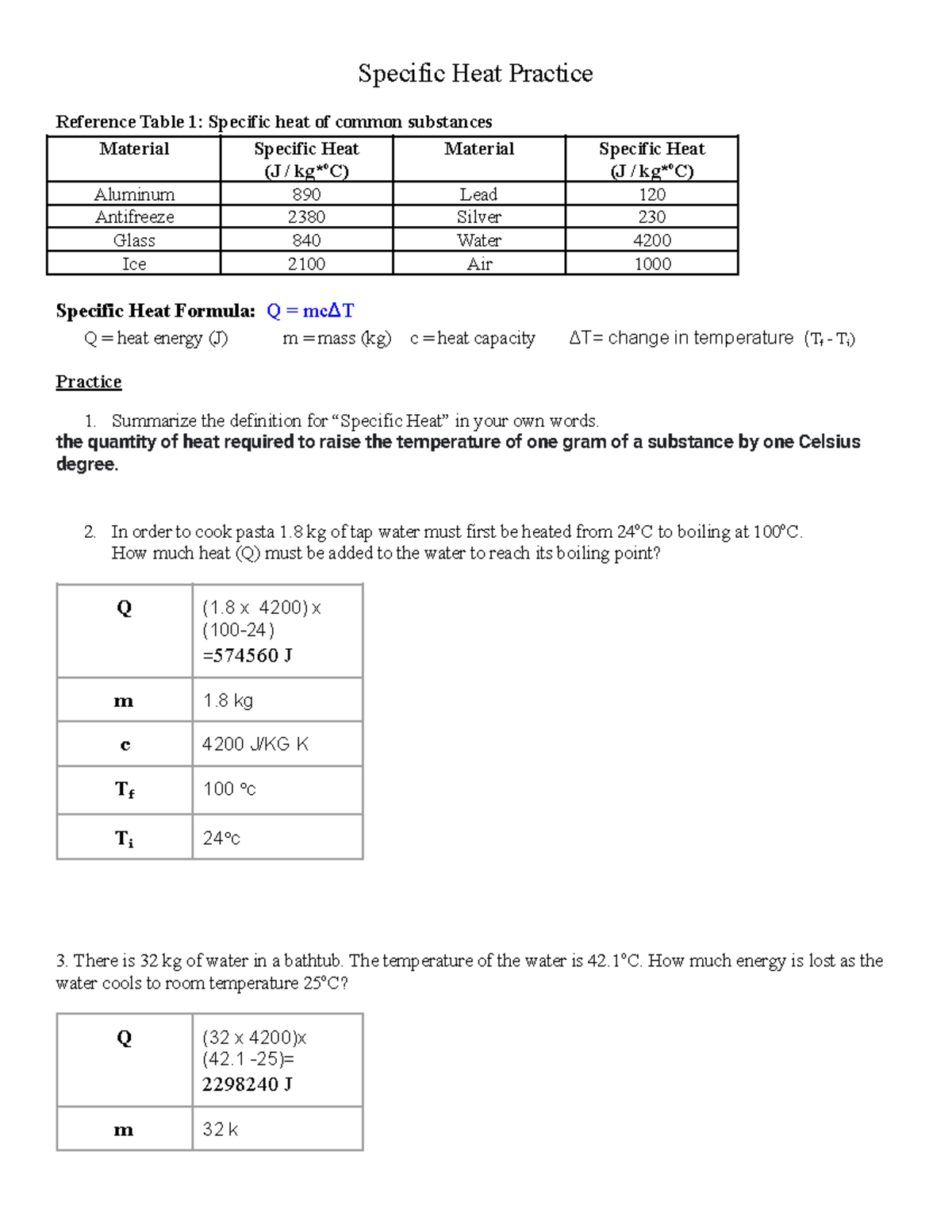 AT Specific Heat Practice Problems - Specific Heat Practice Reference ...