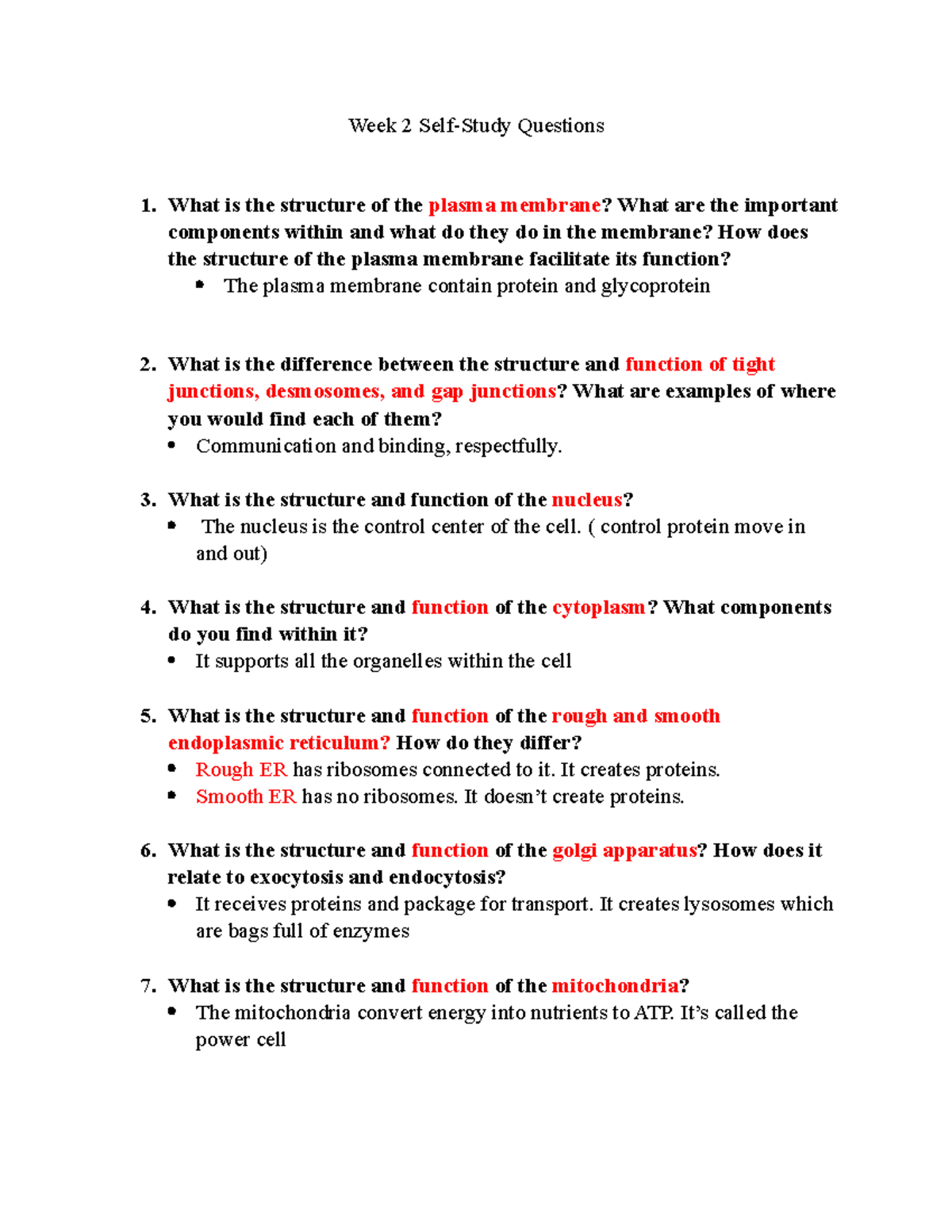 Anat Week 2 Self Test Questions - Week 2 Self-Study Questions What is ...