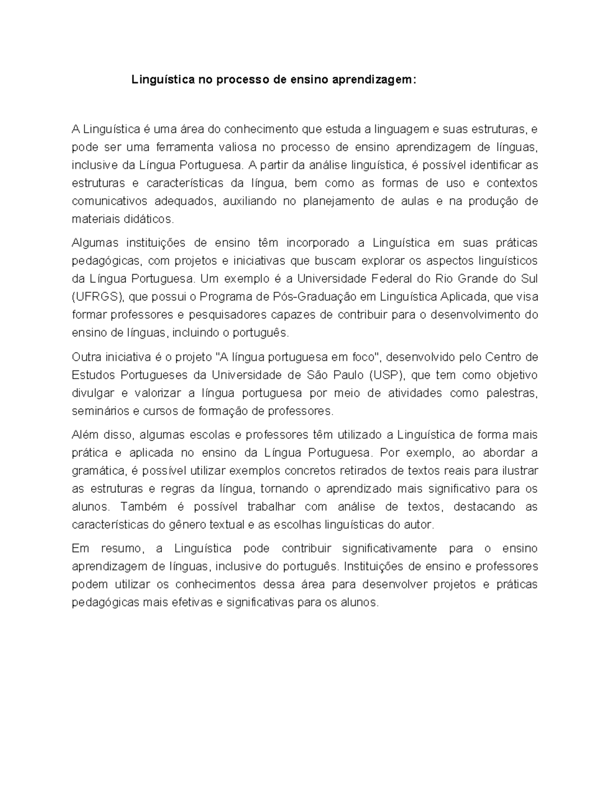 Linguística No Processo De Ensino Aprendizagem Linguística No