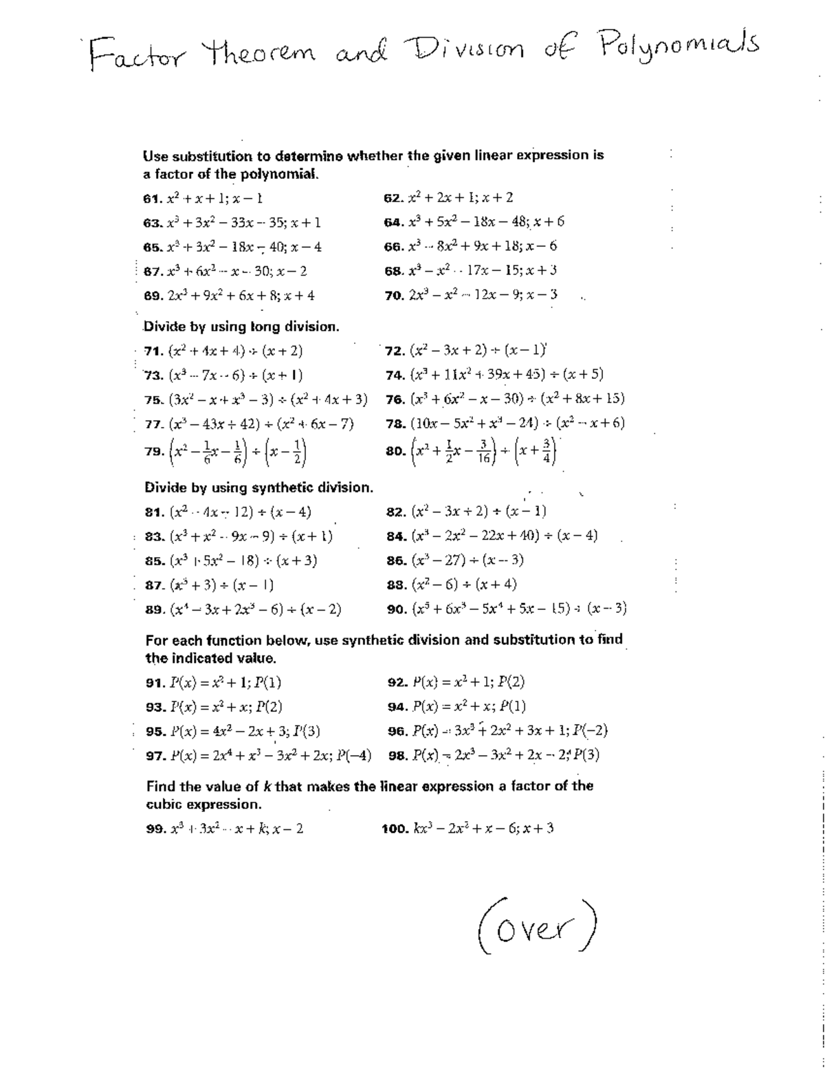Factor Theorem and Division of Polynomials Worksheet - Studocu