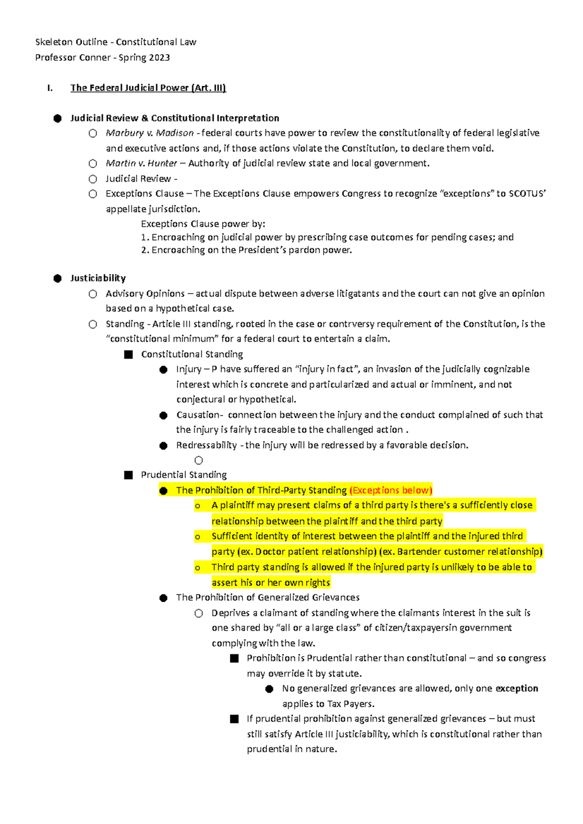 Skeleton Constitutional Law - Prof. Conner Edited - Skeleton Outline ...