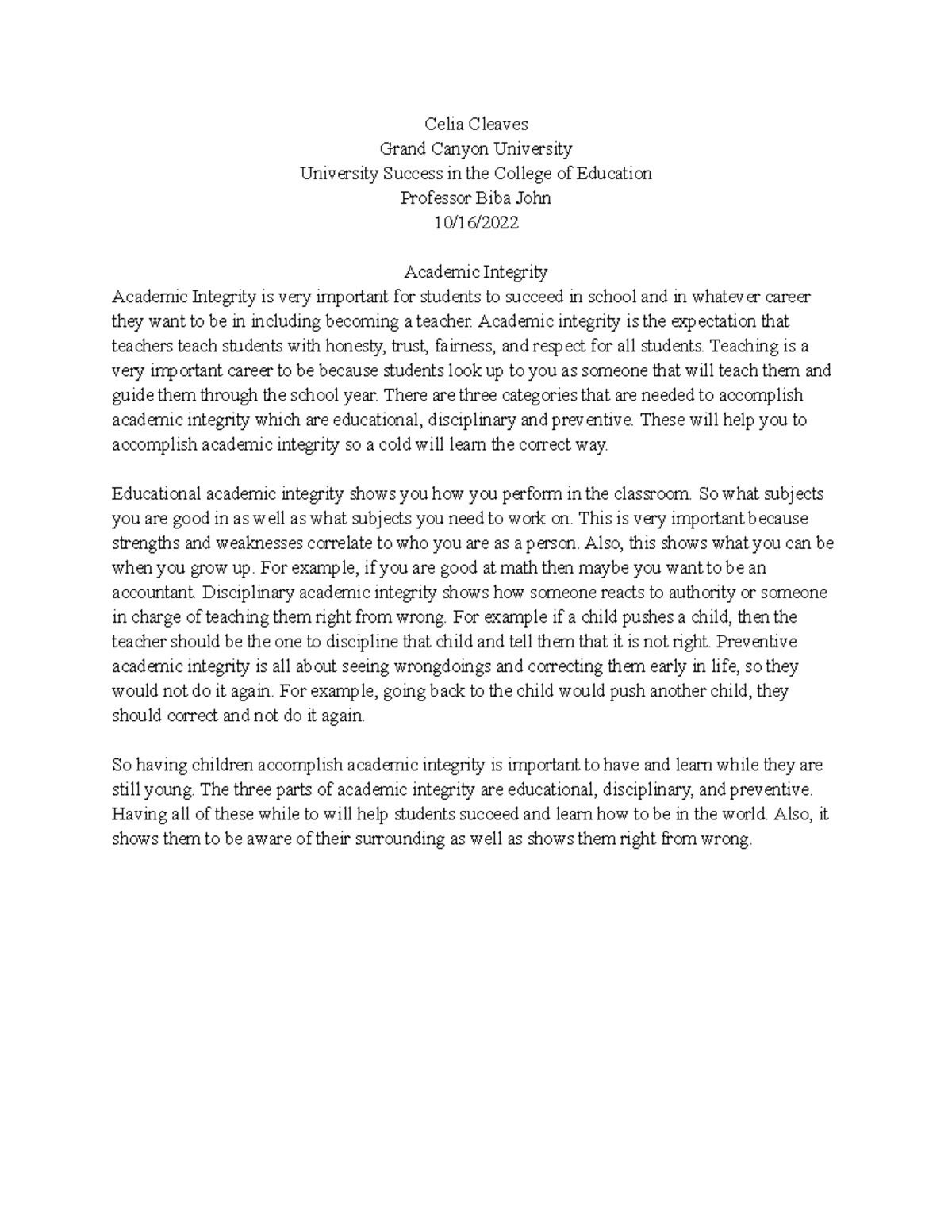 Academic Integrity - Celia Cleaves Grand Canyon University University ...