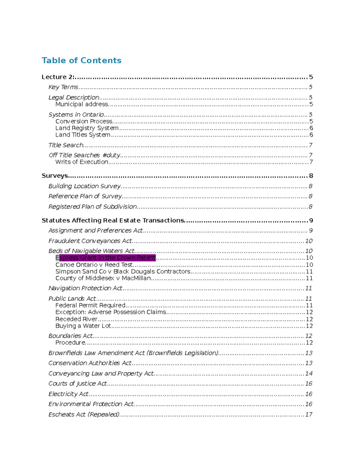 Real Estate Summary - Table of Contents Lecture - Studocu