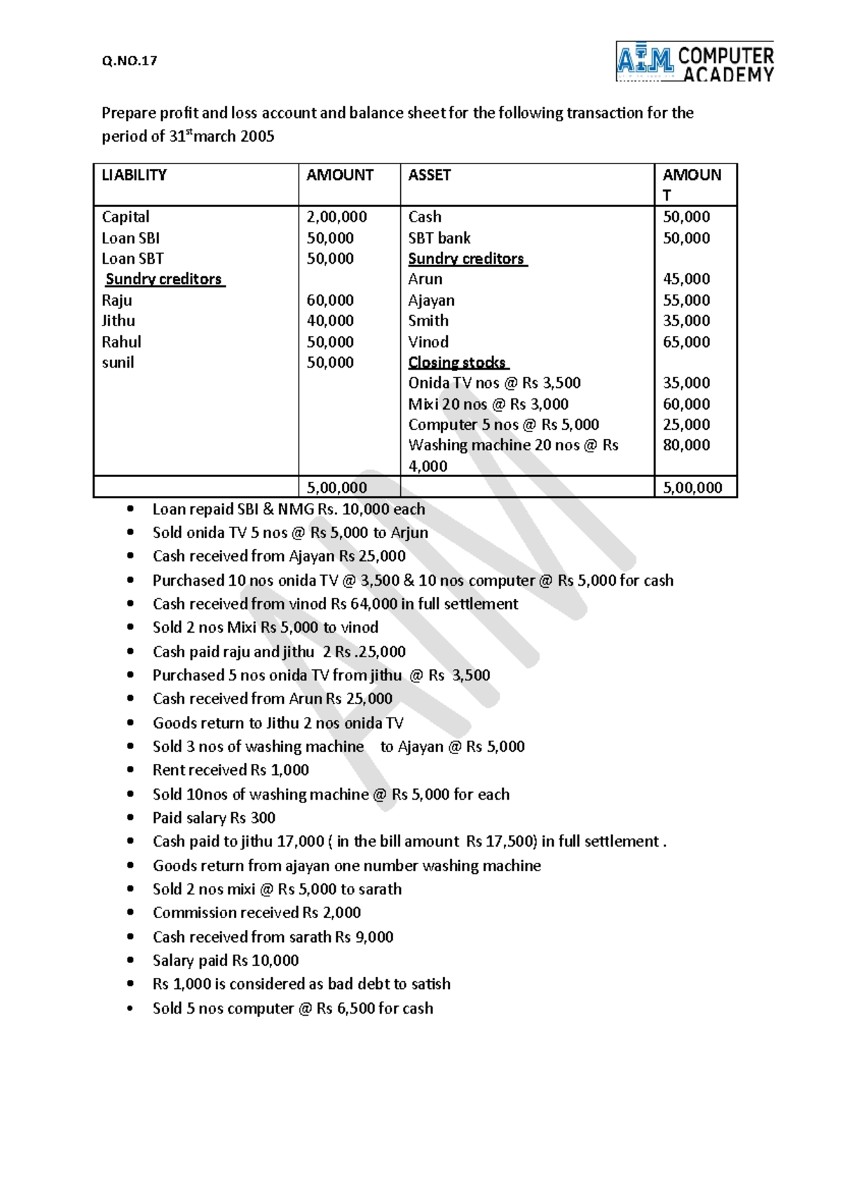 17 - accounting additional questions tally practical exam - Q. Prepare ...