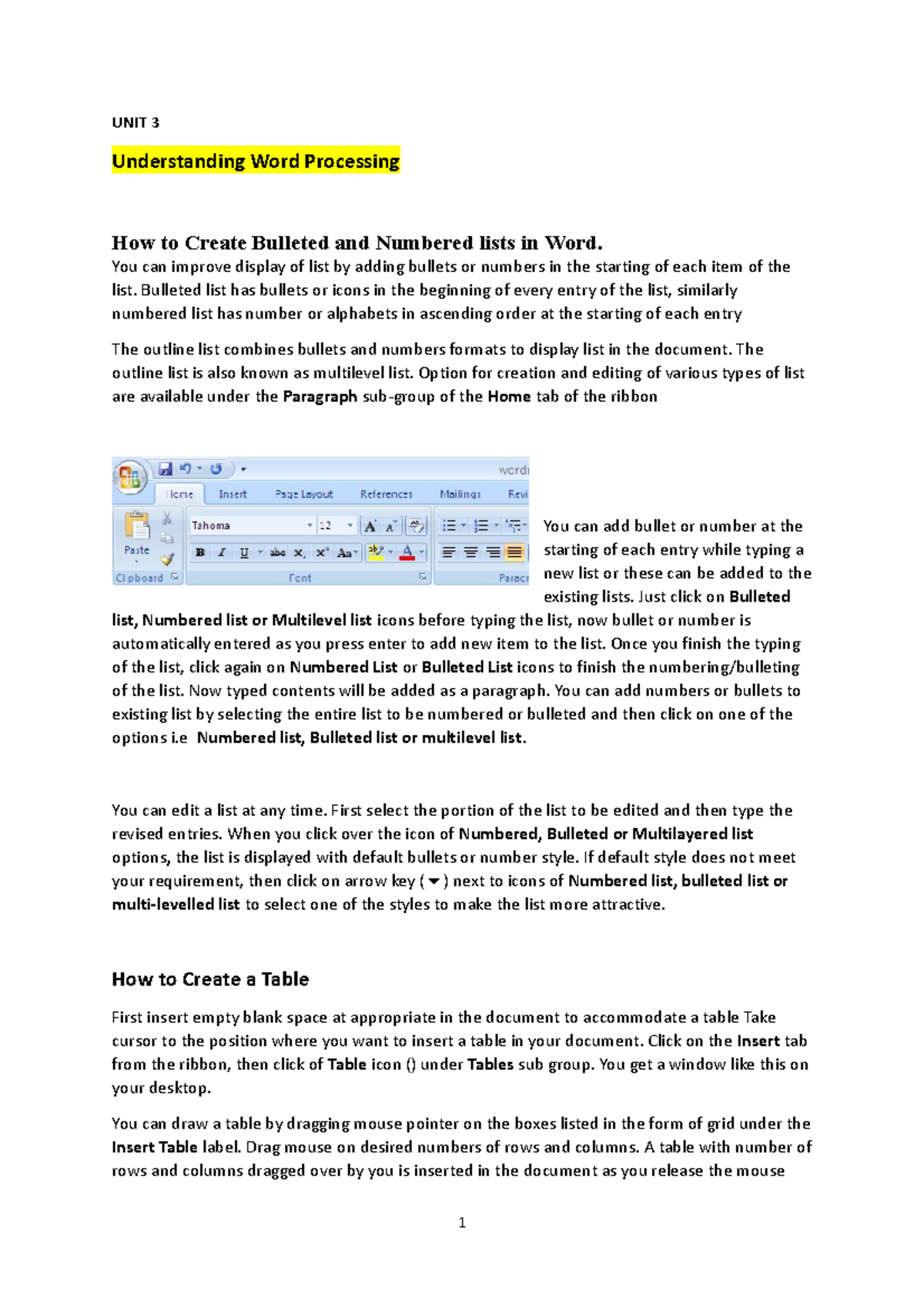 UNIT 3 MS WORD - UNIT 3 Understanding Word Processing How to Create Bulleted and Numbered lists ...