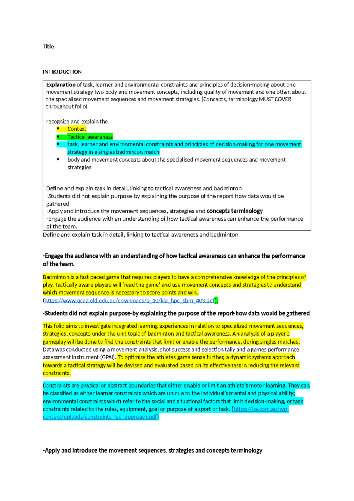HPE Assignment Term 4 2023 - Title INTRODUCTION Explanation of task, learner and environmental ...