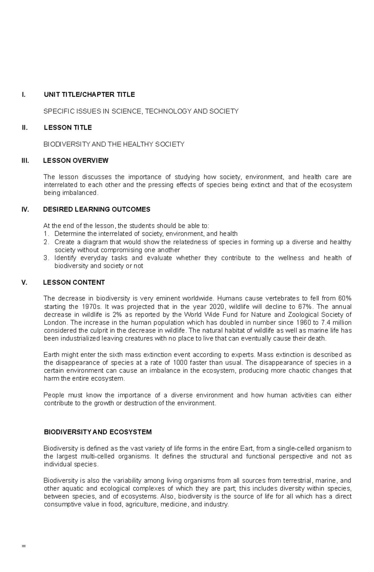 STS Lesson 12 Biodiversity and the Healthy Society - I. UNIT TITLE/CHAPTER TITLE SPECIFIC ISSUES ...