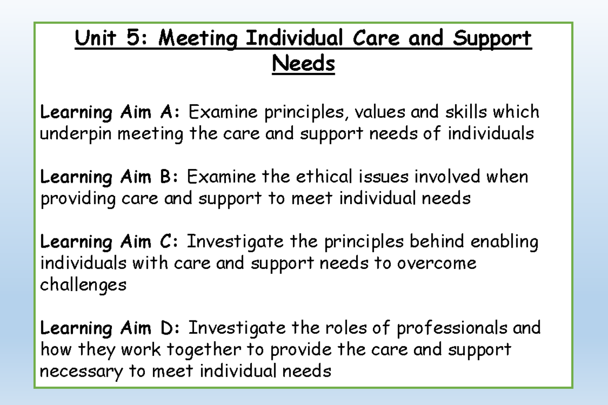 Health and Social Power Point - ####### Unit 5: Meeting Individual Care ...