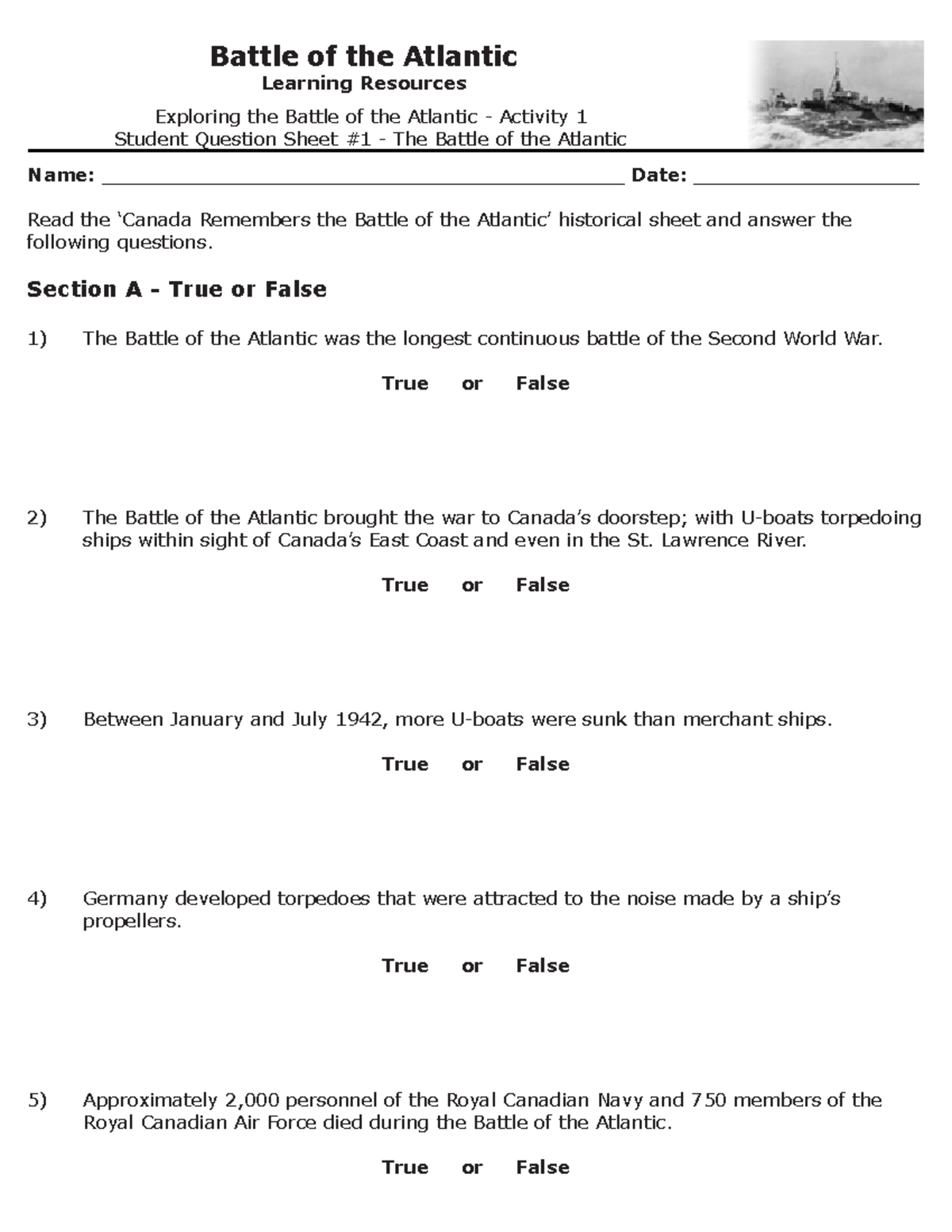 Battle of Atlantic Question Sheet - Exploring the Battle of the ...