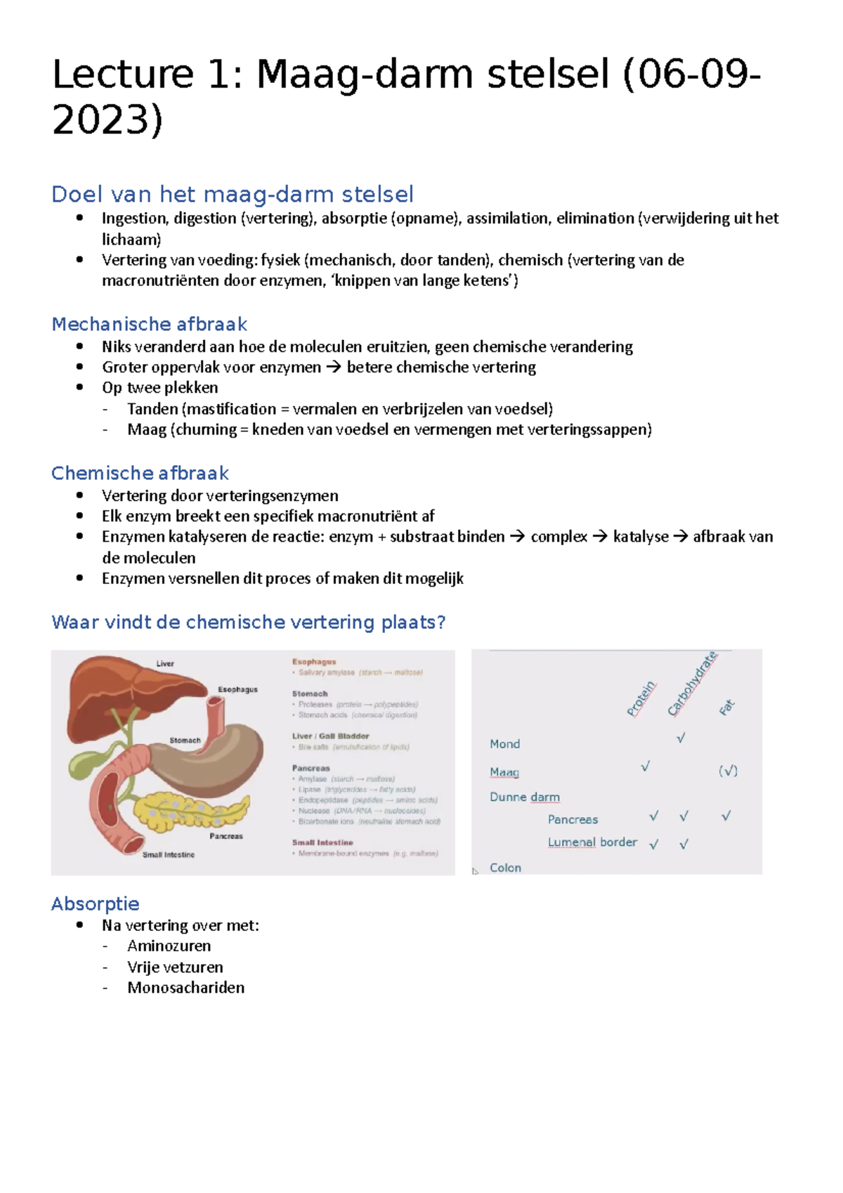 Lectures 2 t/m 7 HNH - Lecture 1: Maag-darm stelsel (06-09- 2023) Doel ...