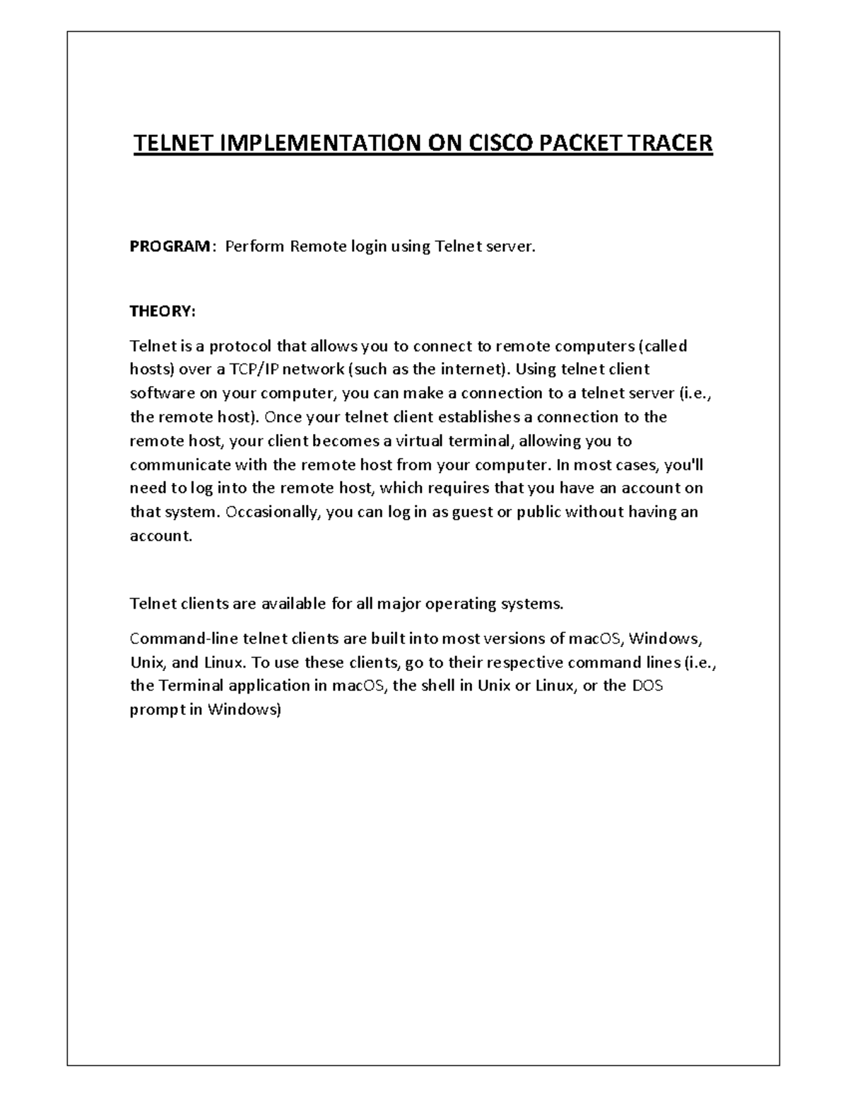 Telnet Implementation Telnet Implementation On Cisco Packet Tracer