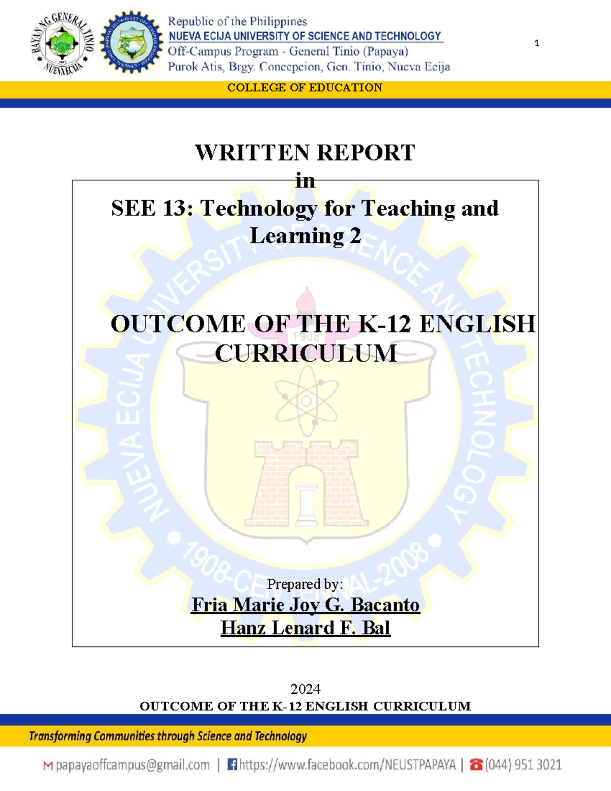 Technology for Teaching and Learning 2 - COLLEGE OF EDUCATION WRITTEN ...