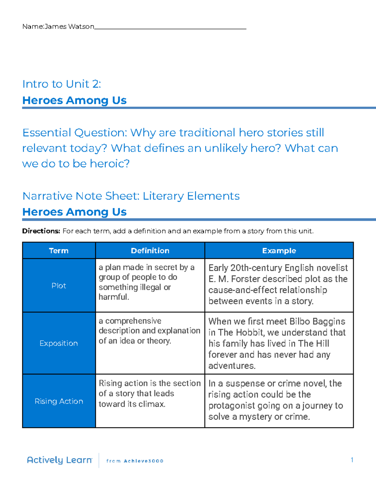Heroes Among Us Literary Elements Note Sheet - Name:James - Studocu