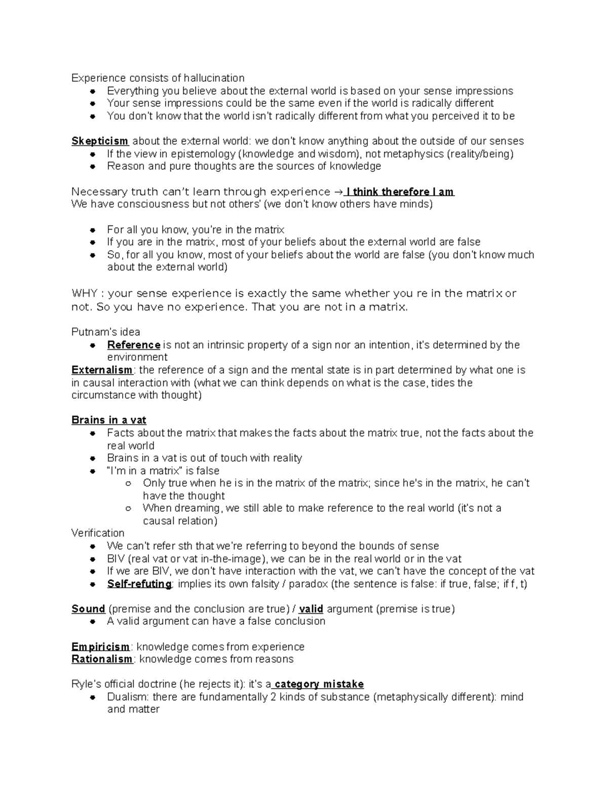 Philosophy Notes - Test Prep - Experience consists of hallucination ...