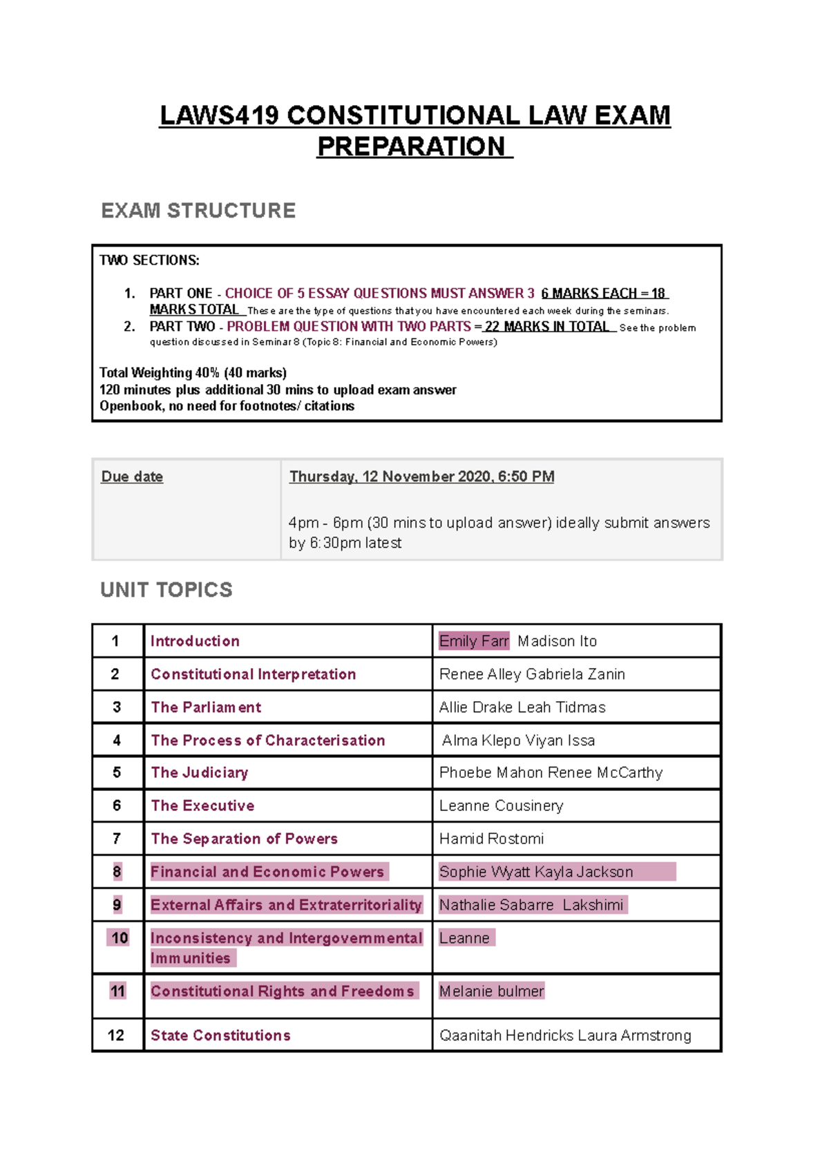 LAWS419 EXAM PREP - exam prep - LAWS419 CONSTITUTIONAL LAW EXAM ...